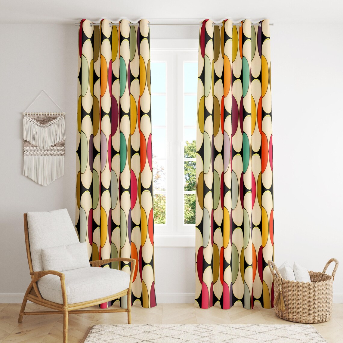 Mid Century Modern Curtain Panels, Colorful Print Curtains, 70s Retro ...