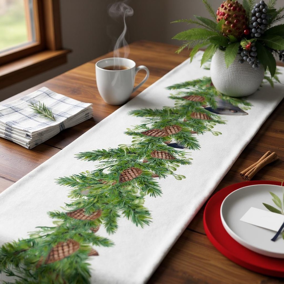 Pinecone Evergreen Christmas Table Runner, Rustic Holiday Decor Runners ...