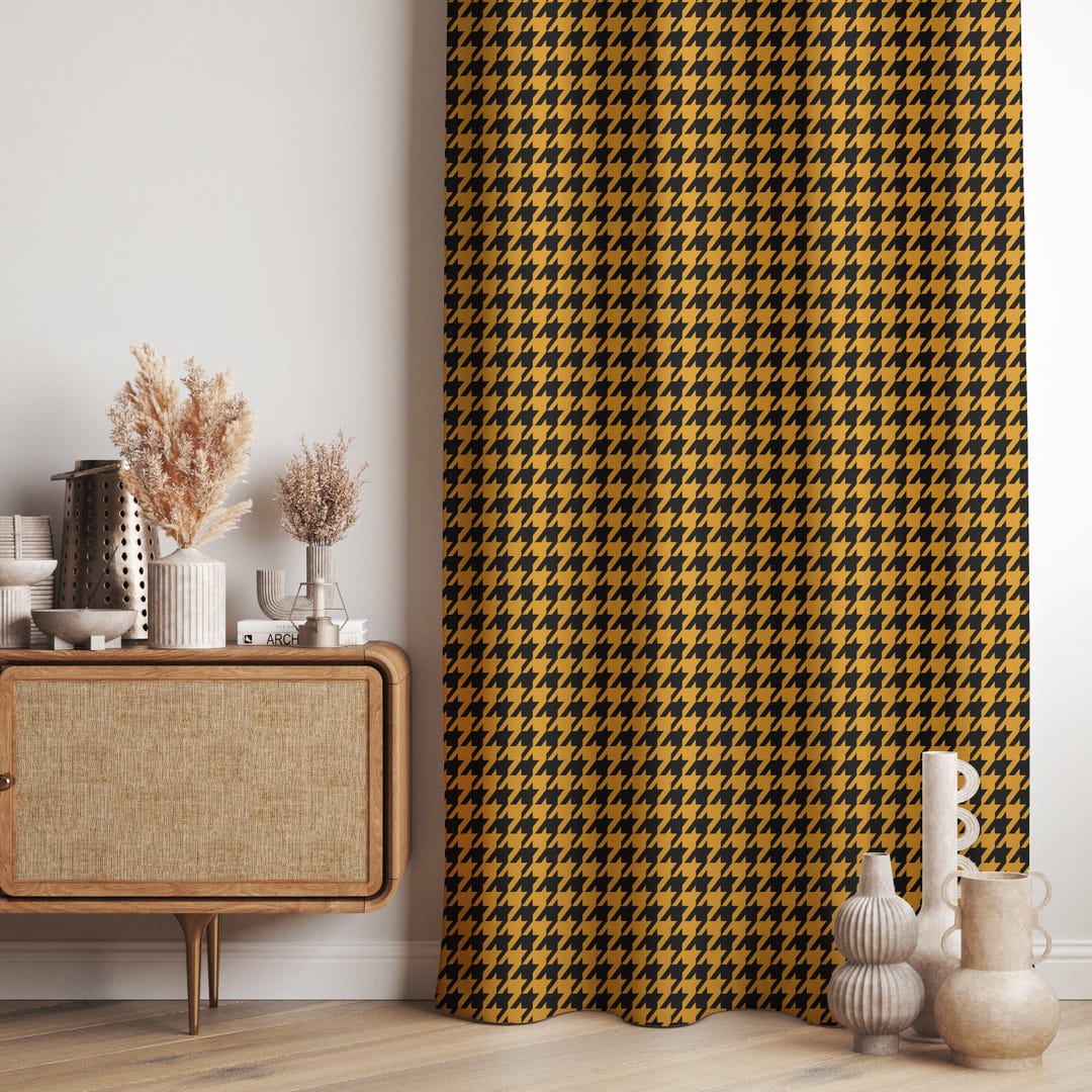 Retro Yellow Houndstooth Curtain Panel, Mid-century Modern Window Drape ...