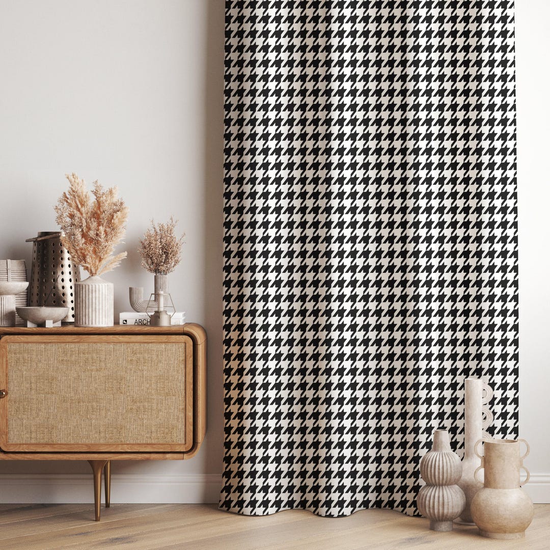 Classic Retro Vintage Geometric Curtain, Black and White Houndstooth ...