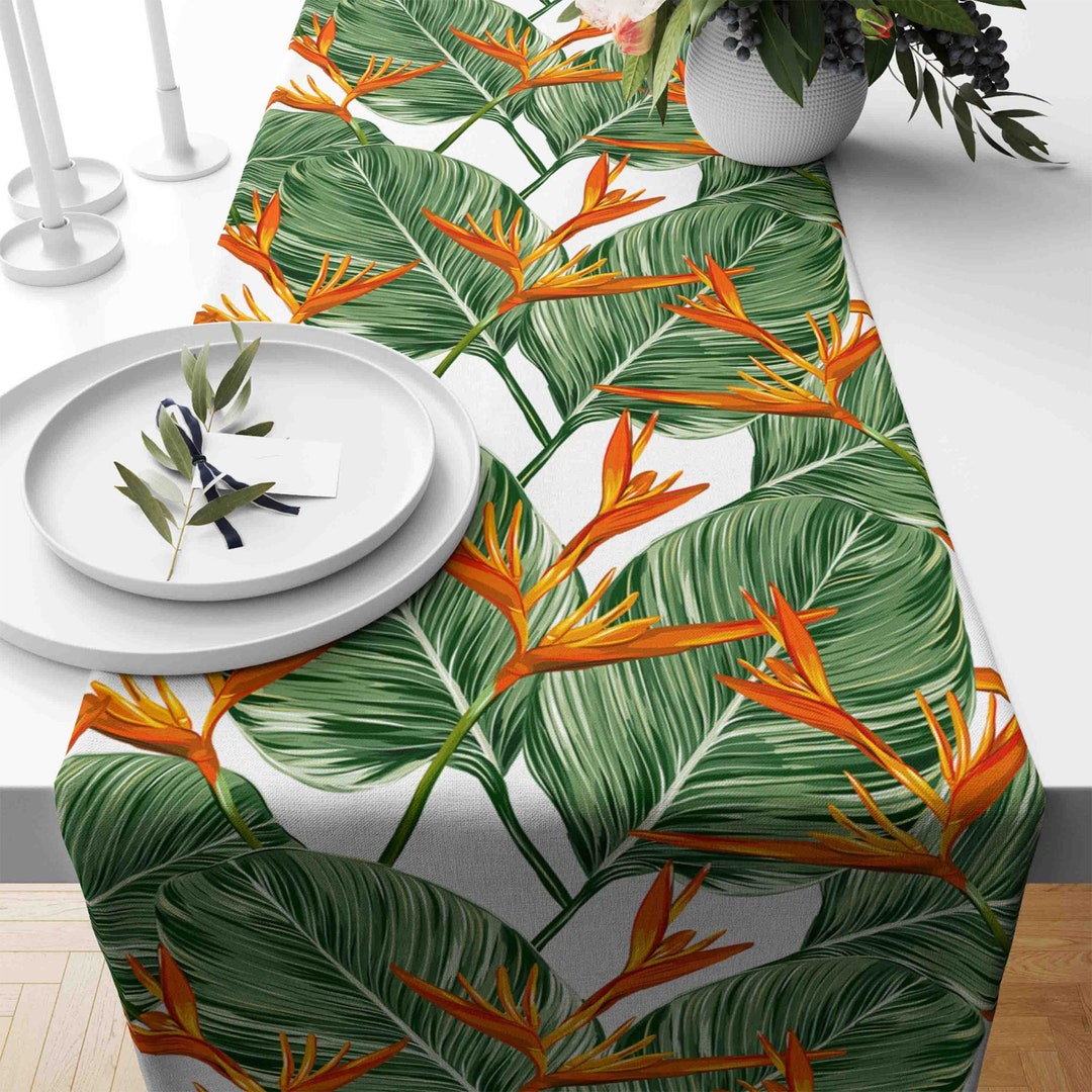 Bird of Paradise Flowers Table Runner, Green Tropical Leaves Table ...