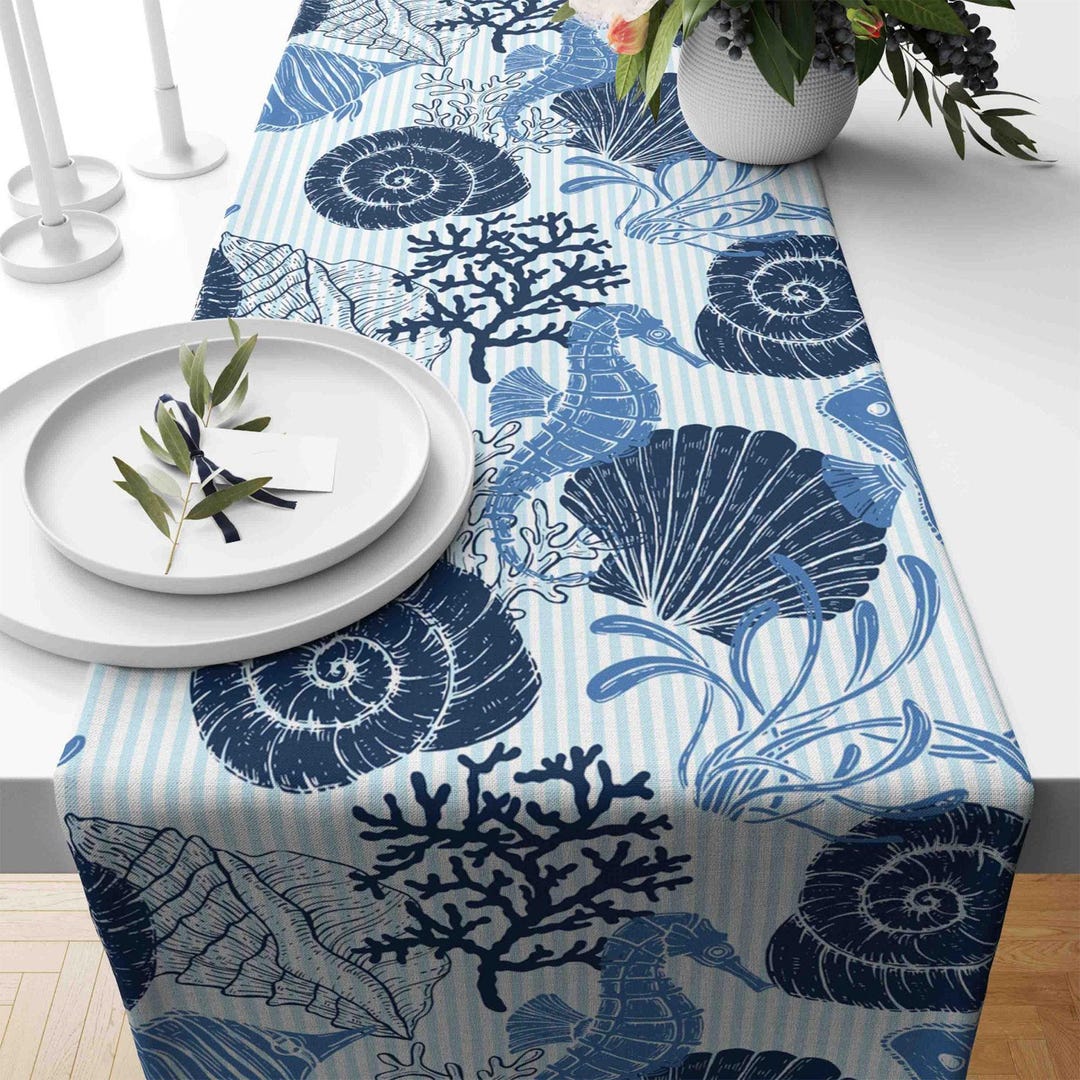 Nautical Table Runner, Navy Blue Anchor Table Runner, Anchor Table ...