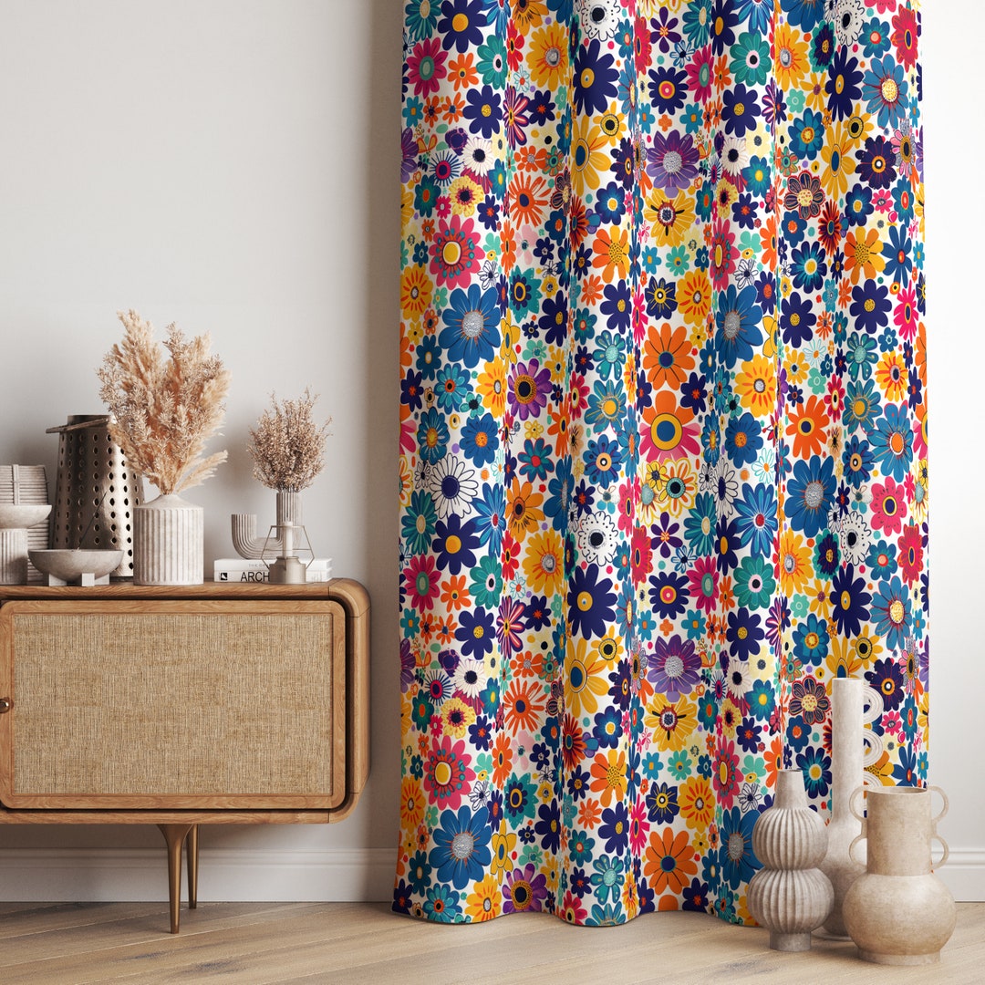 Floral Curtains, Modern Vintage Floral Curtain Panels, 70s Retro ...