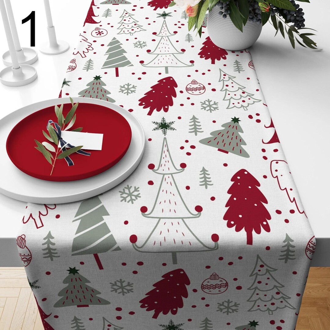 Christmas Table Runner, Holly Pine Tree Table Runner, Xmas Pine Tree ...