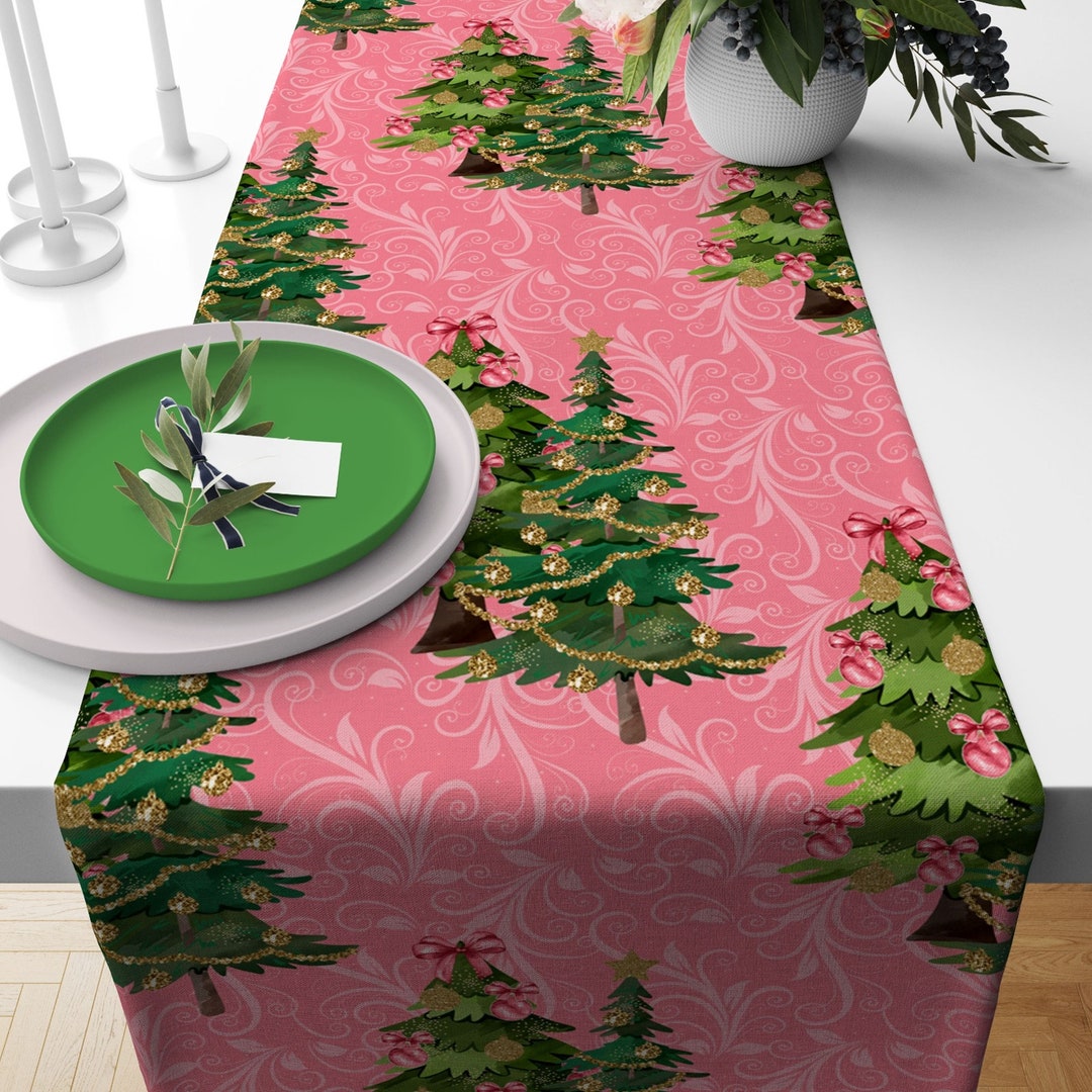 Christmas Pine Tree Table Runner, Holly Pine Tree Table Runner, Xmas ...