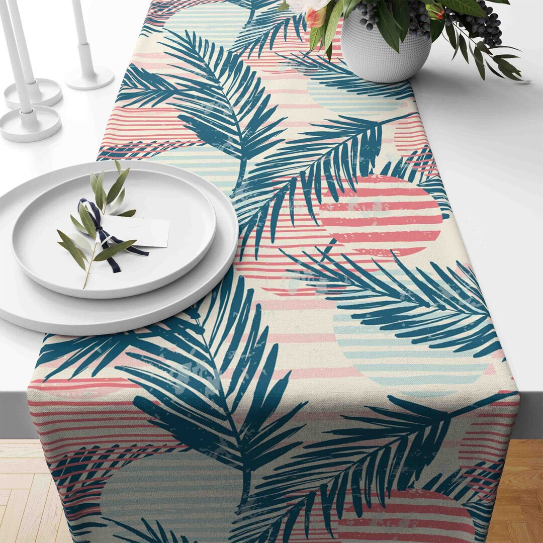 Tropical Leaves Barkcloth Table Runner, Exotic Leaves Print Table Runner, Palm Leaf Table ...