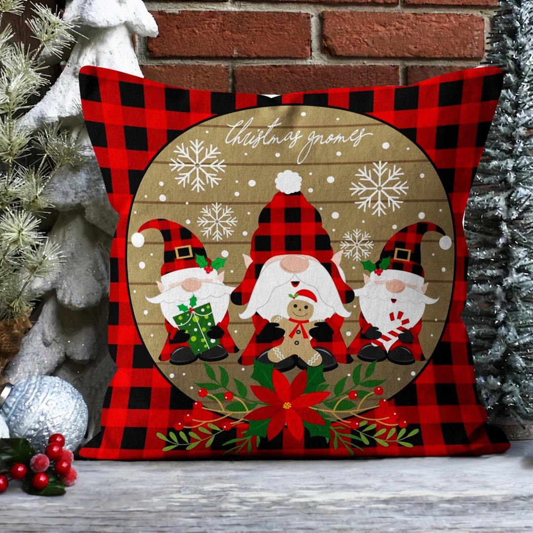 Merry Christmas Gnome Pillow Cover, Christmas Plaid Pillow Cover, Cute ...