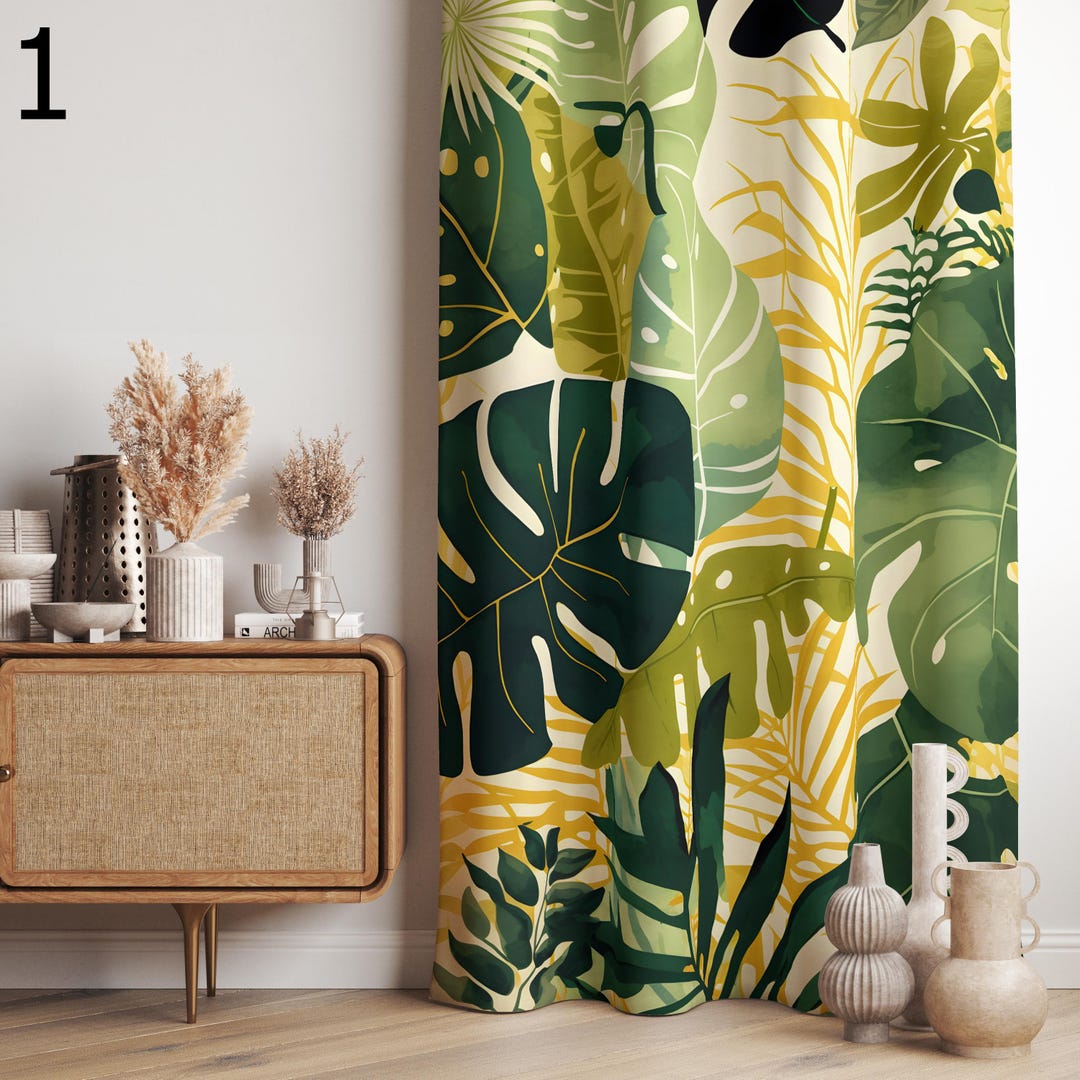Tropical Leaves Printed Curtain Panels, Vintage Green Leaves Window ...