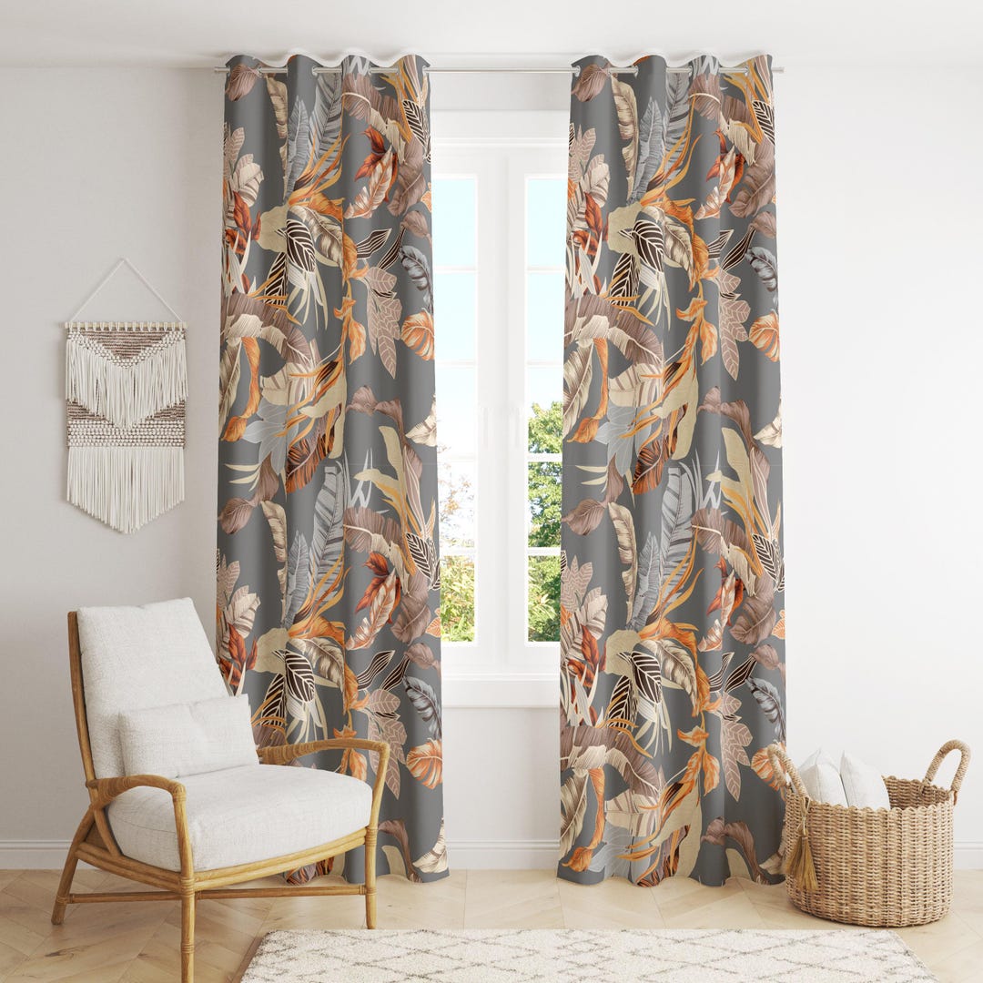 Tropical Abstract Leaves Curtain, Tropical Leaves Barkcloth Curtain ...