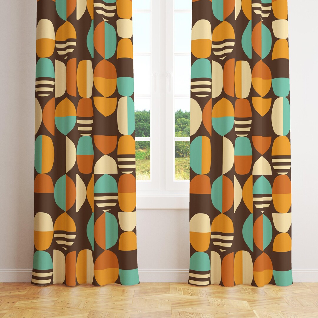 Mid Century Curtain Panels, 70s Retro Printed Curtain, Mcm Curtain ...