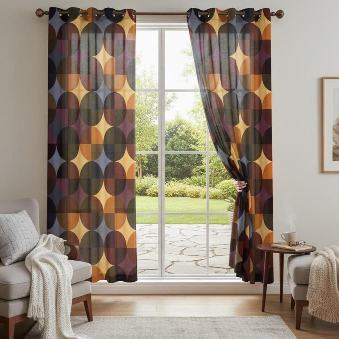 Retro Curtain Panel, 70s Style, Colorful Geometric Print Drapes - Etsy