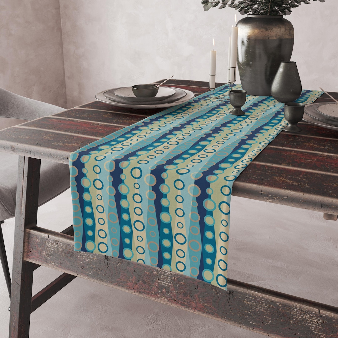 Blue Retro Table Runner, Mid Century Modern Table Decor, Teal Geometric ...