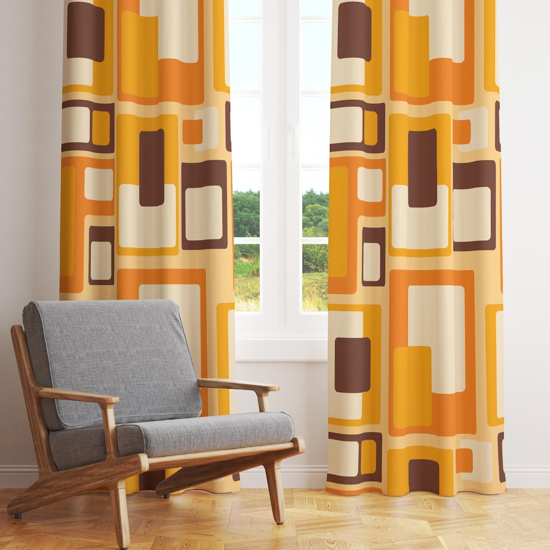Mid Century Modern Curtain Panels, 70s Retro Curtains, Mcm Curtain, Retro Geometric Abstract ...