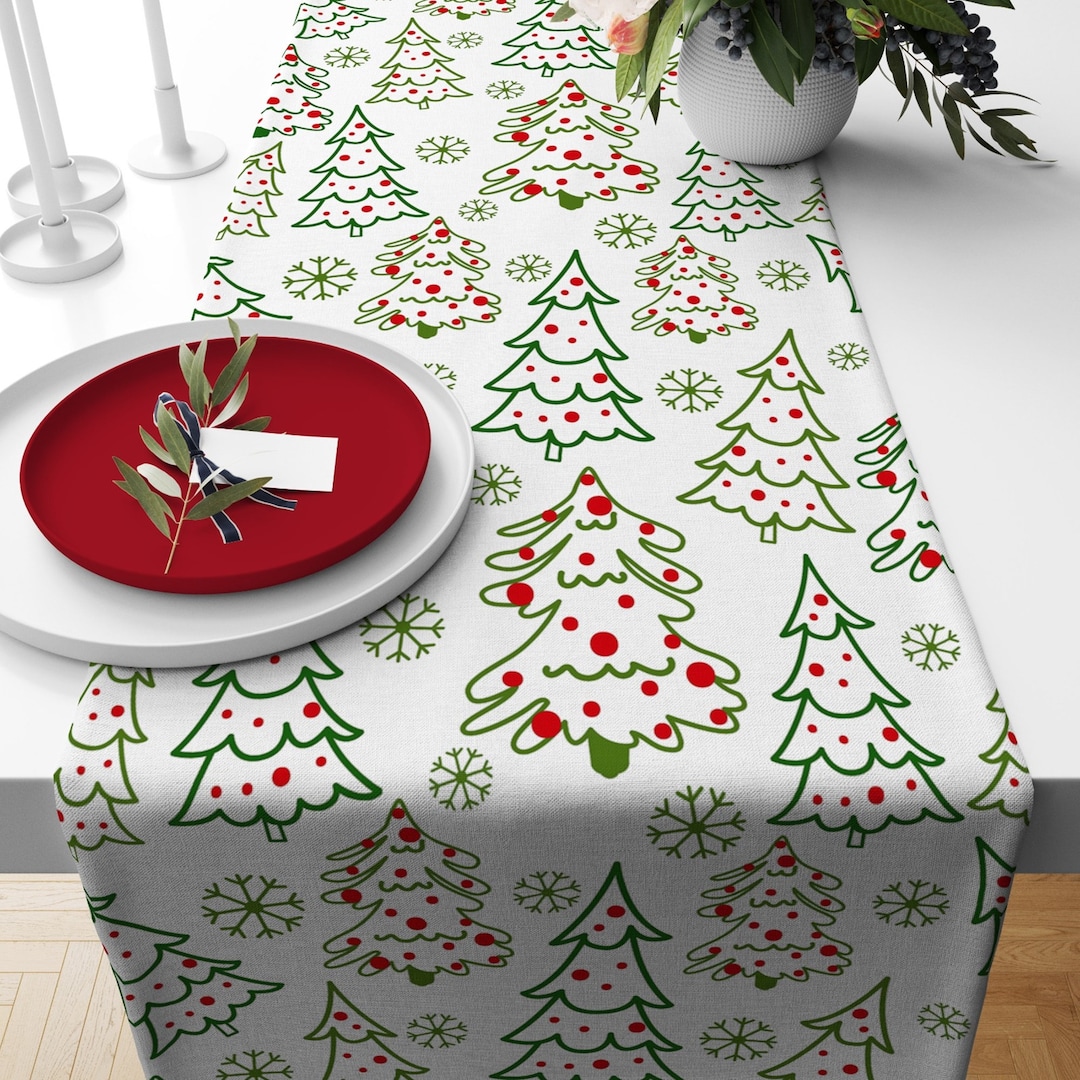Christmas Table Runner, Holly Pine Tree Table Runner, Xmas Pine Tree ...