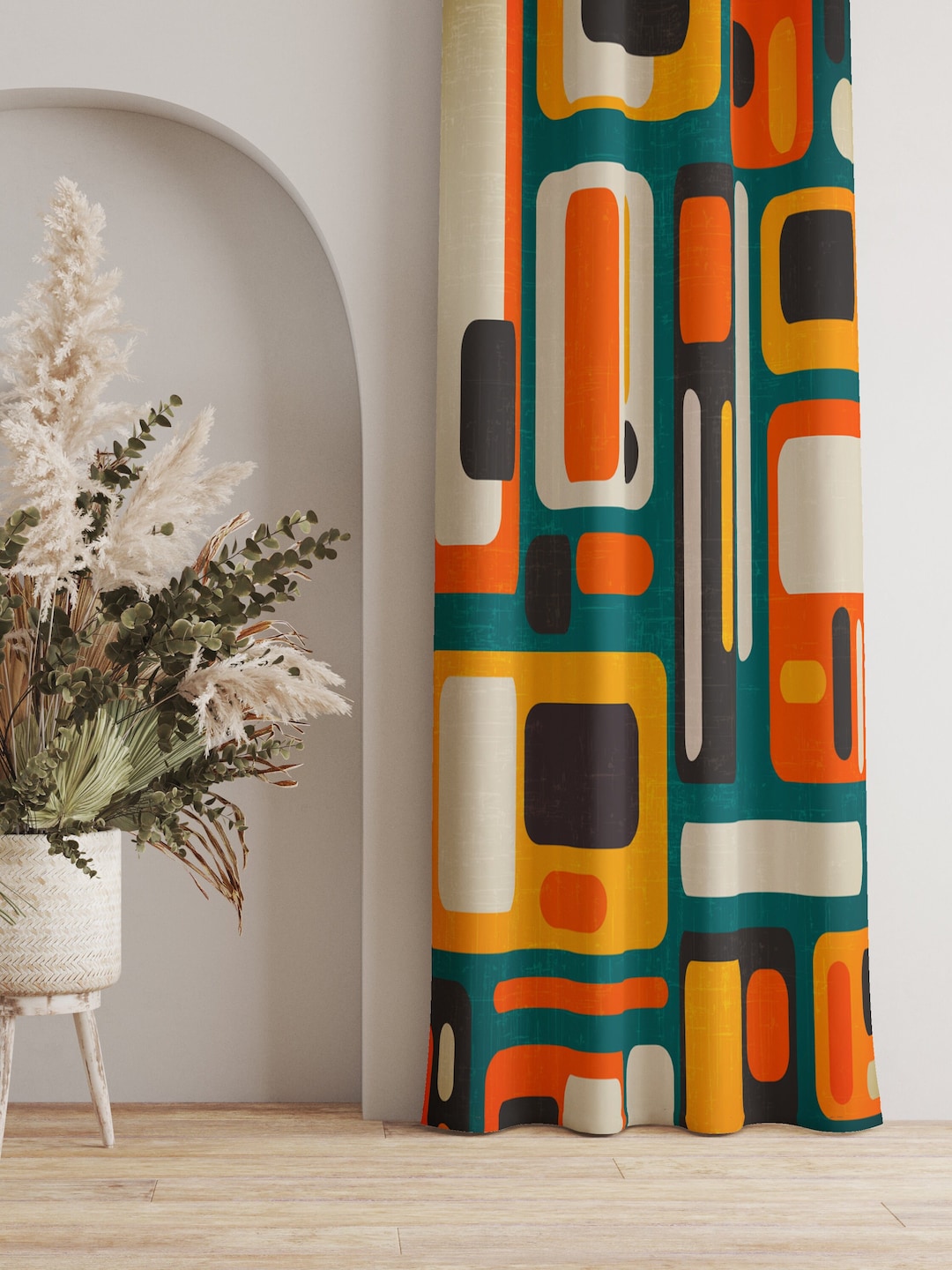 Mid Century Modern Curtain Panels, 70s Retro Boho Curtains, Retro Windowdrapes, Abstract Retro ...