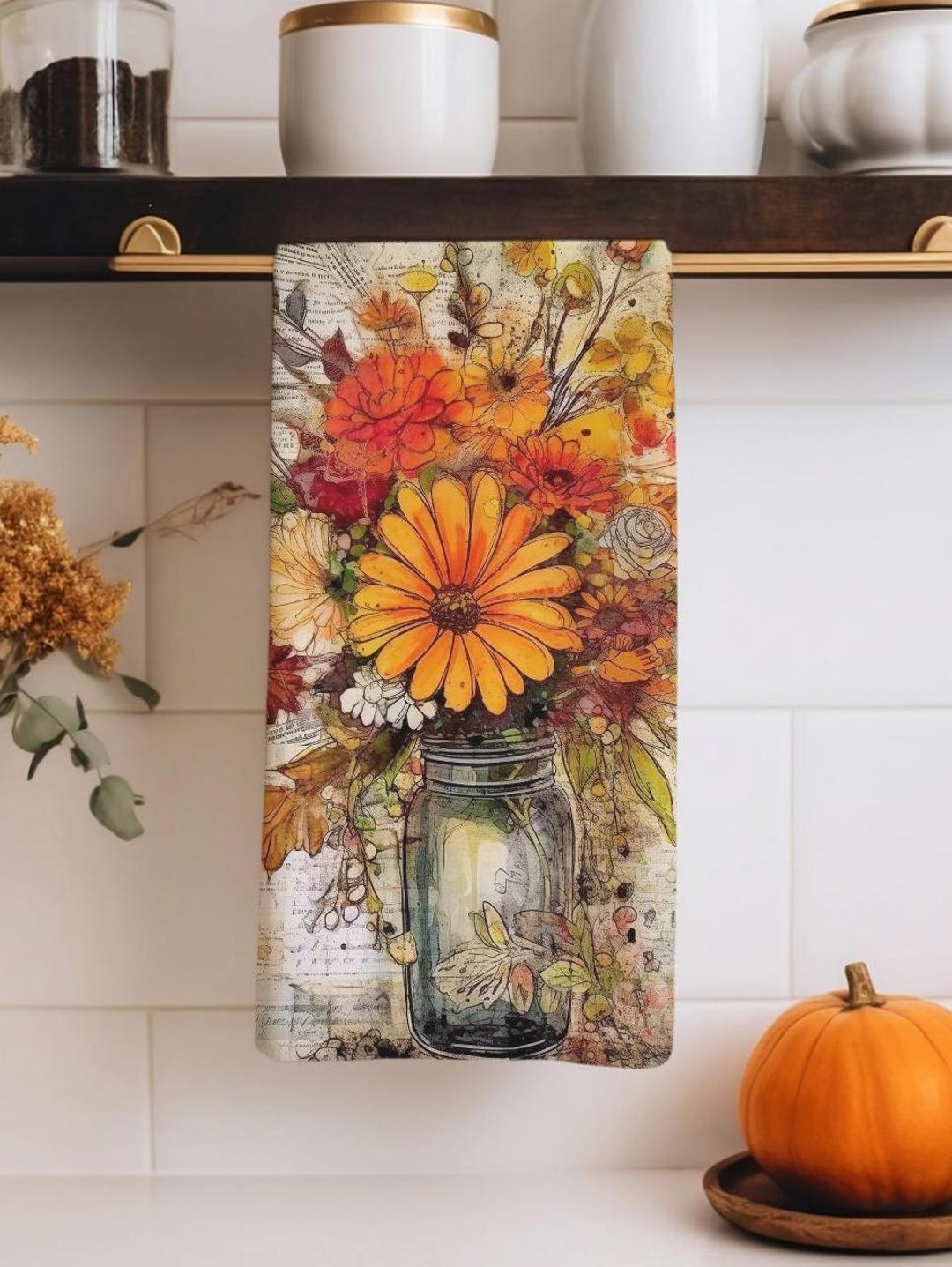 Fall Flowers Leaf Kitchen Towels, Autumn Tea Towels, Fall Hand Towel ...