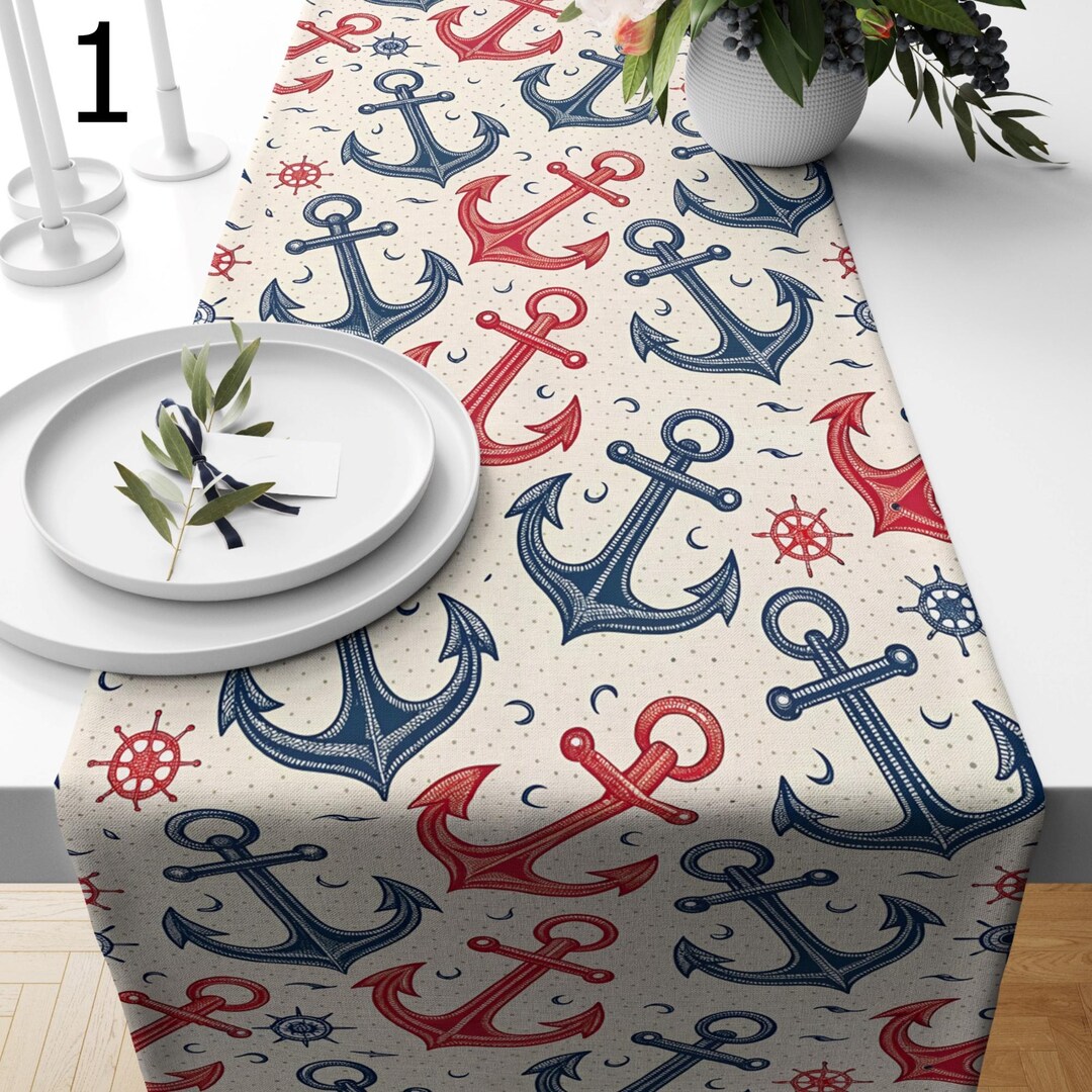 Nautical Anchor Table Runner, Coastal Decor Table Linen, Navy Blue ...