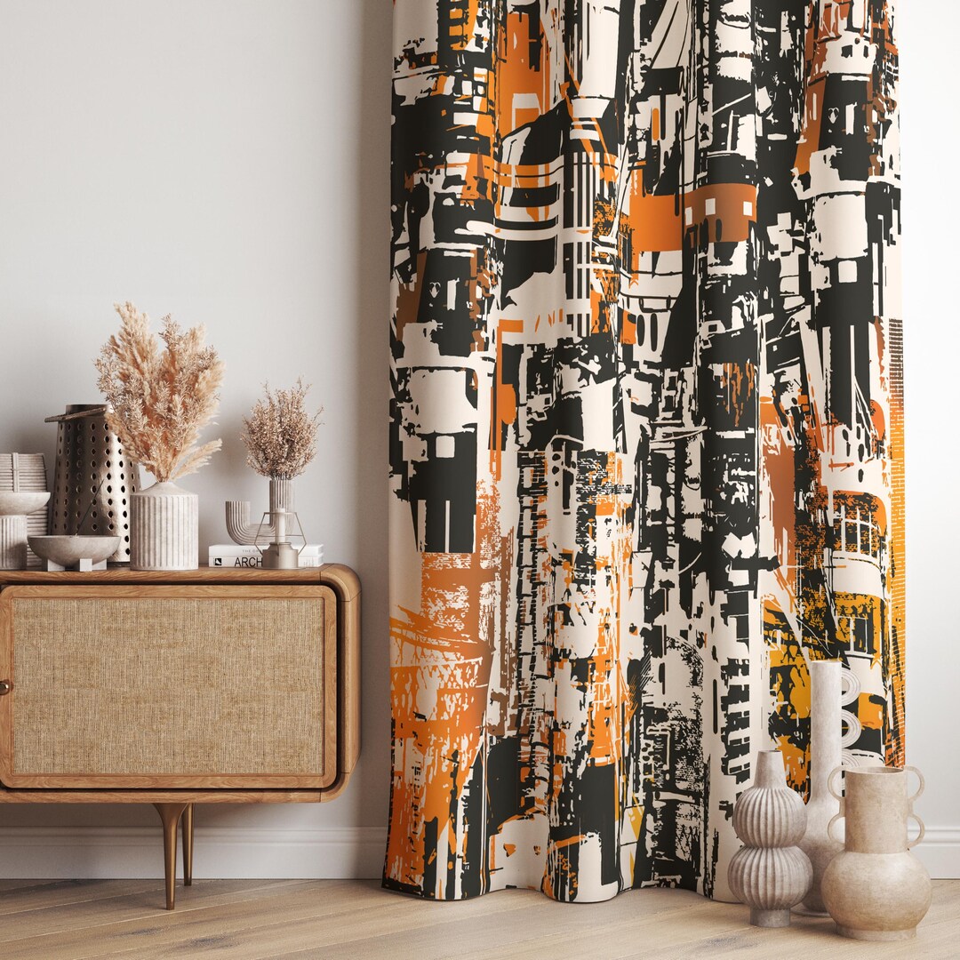 Modern Abstract Window Curtain Panels, Modern City Print Curtains ...
