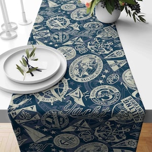 Nautical Table Runner, Navy Blue Anchor Table Runner, Anchor Table ...