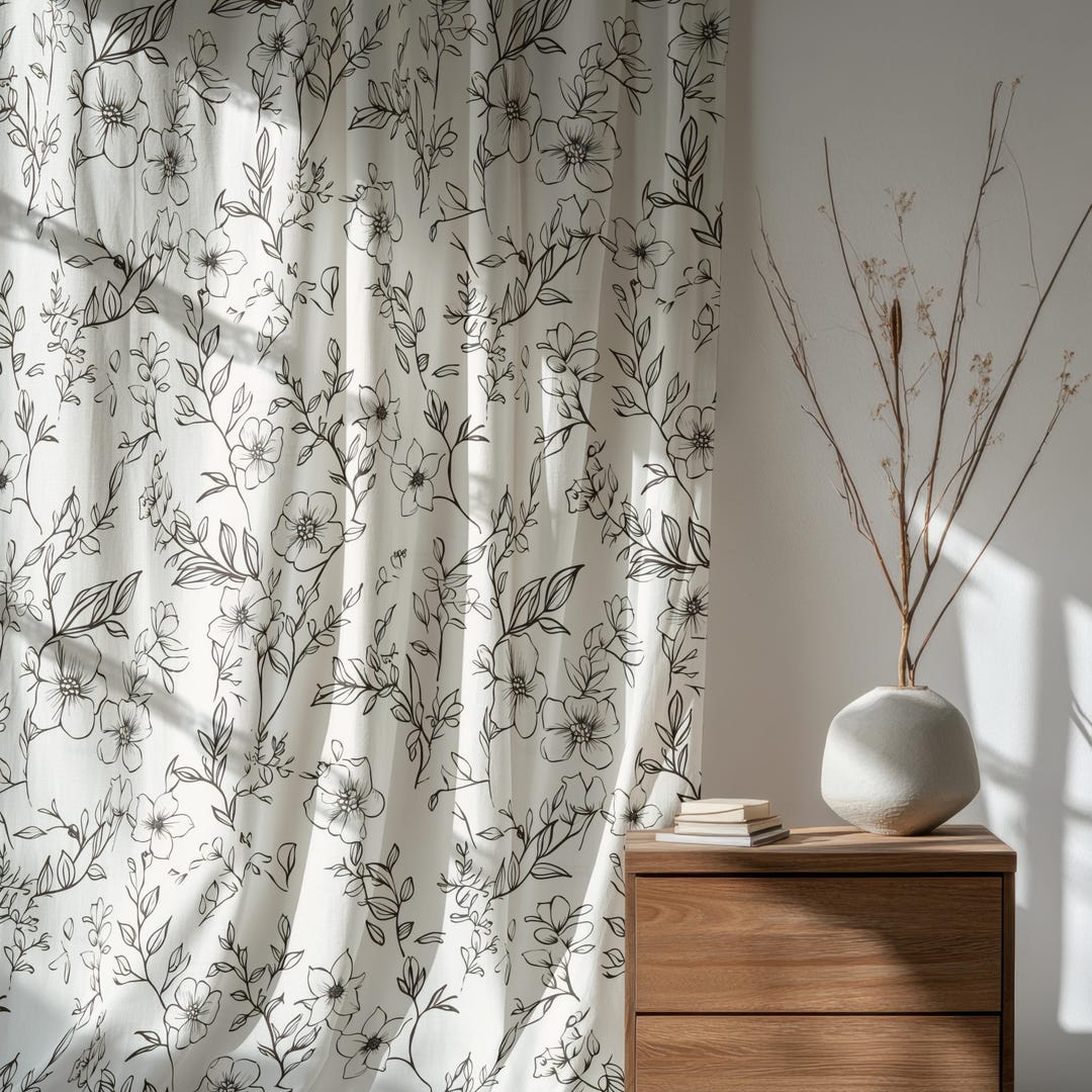 Modern Vintage Floral Print Curtains, Hand Drawn Botanical Curtain ...