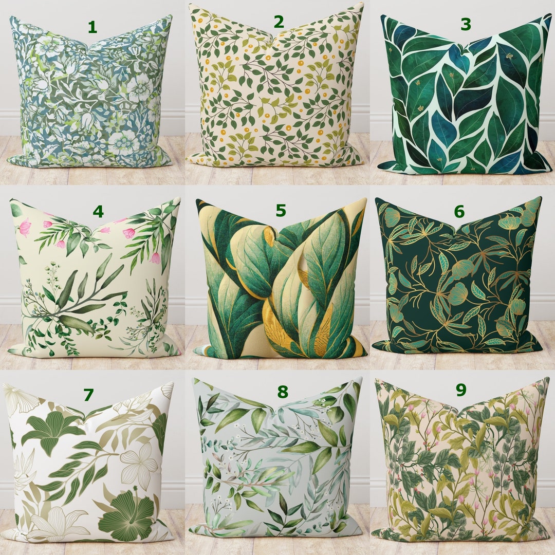 Green Leaves Cushion Cover, Floral Leaves Throw Pillow Cover, Floral ...