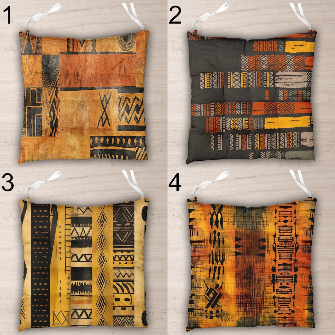 Rustic Tribal Chair Pads Set, African Dining Chair Cushions, Ethnic ...