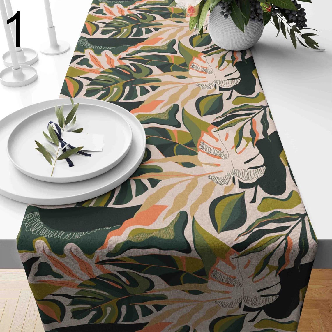 Tropical Table Runner, Exotic Floral Table Runner, Botanical Leaves ...