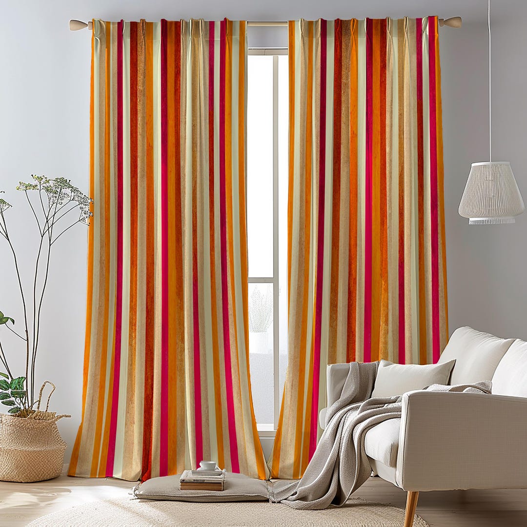 Retro Curtain Panels, 70s Style Striped Curtain Panel, Mid Century ...