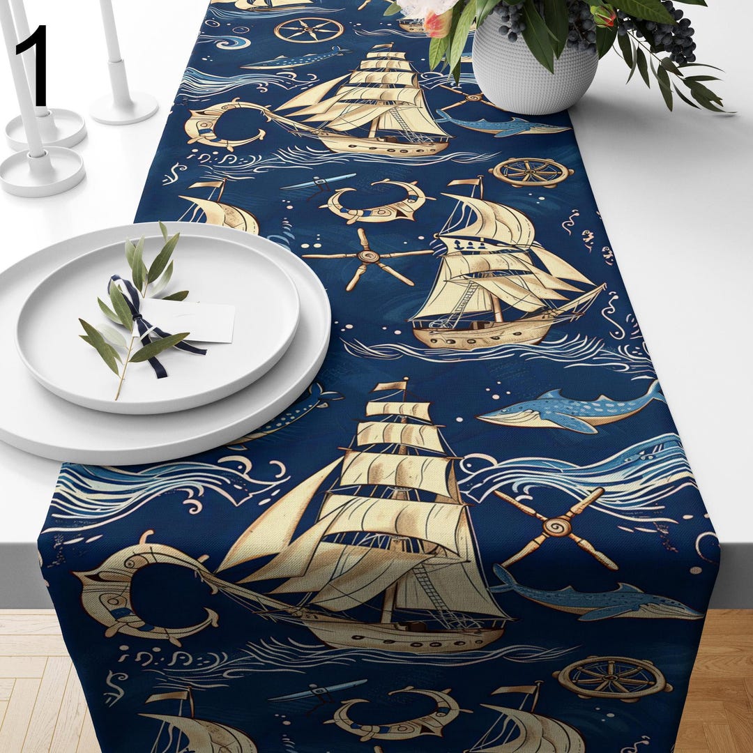Marine Table Runner, Sailor Table Runner, Vintage Nautical Blue Ships ...