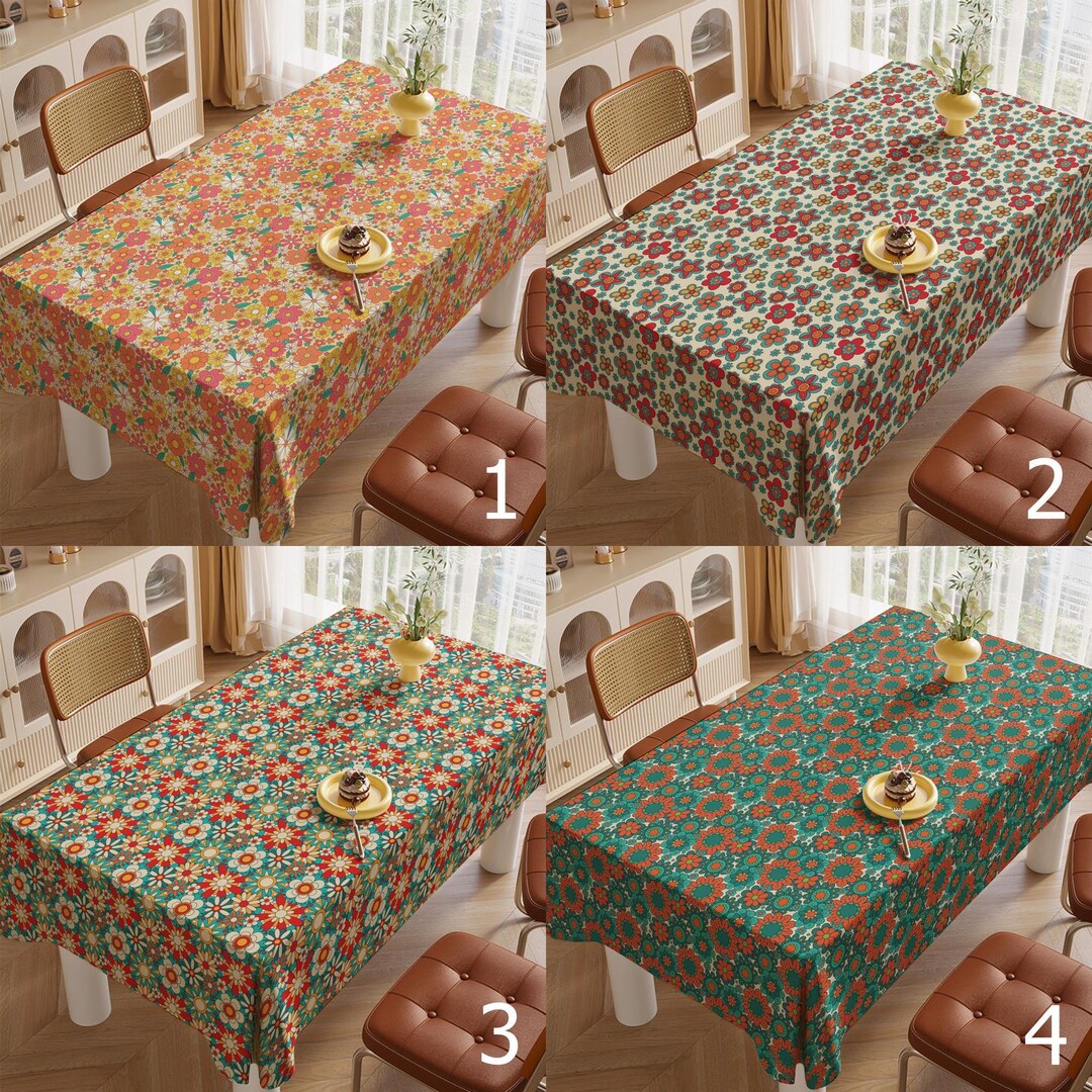 60s 70s Boho Floral Kitchen Table Linens, Retro Floral Tablecloths, Mid ...