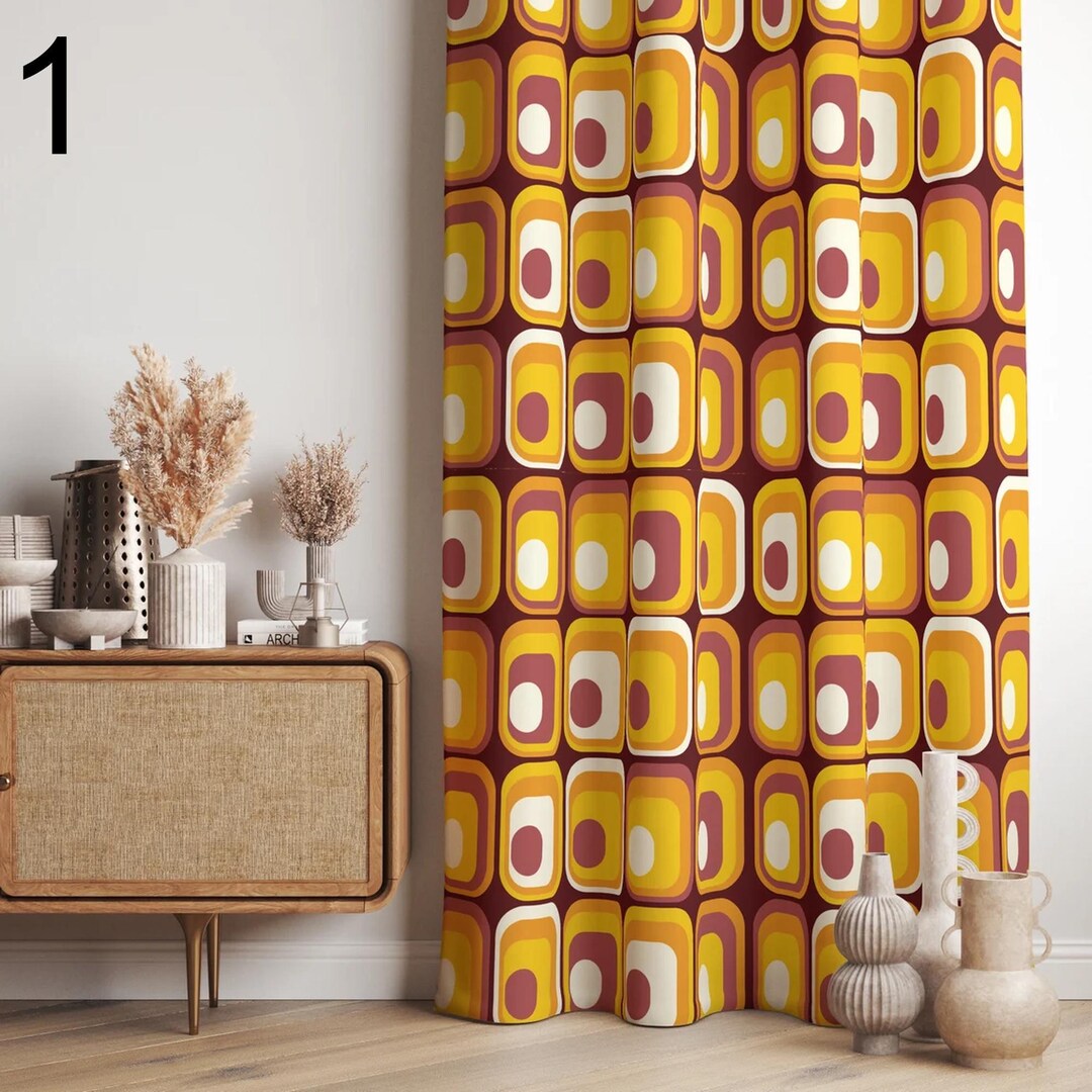 Mid Century Modern Curtain Panels, Retro Curtains, Hippie Retro Window Curtain, Abstract Retro ...