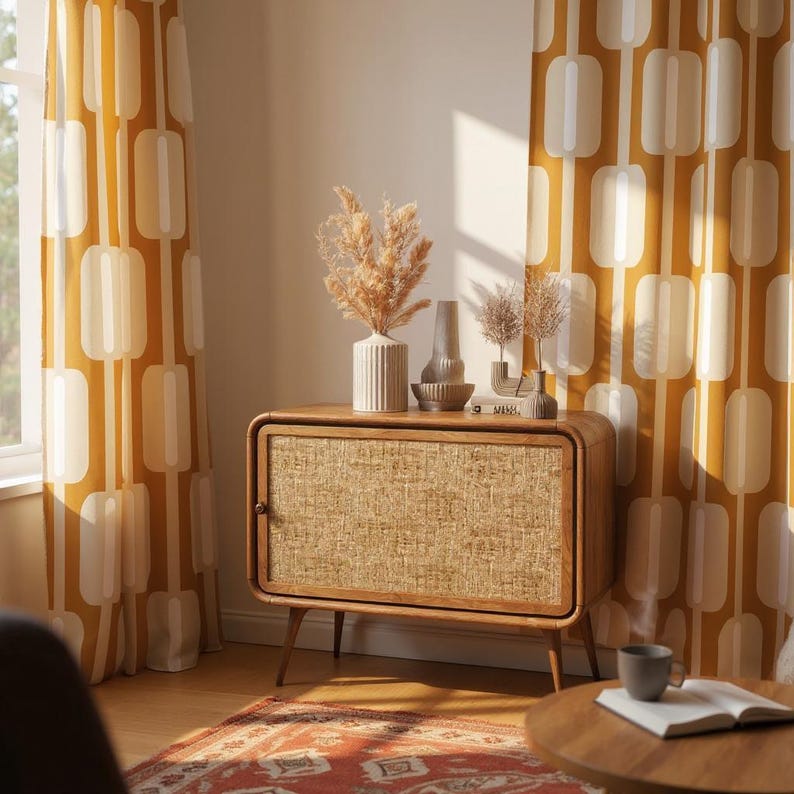 Retro Curtain Panels, Mid Century Modern Curtains, 70s Mustard Curtains ...