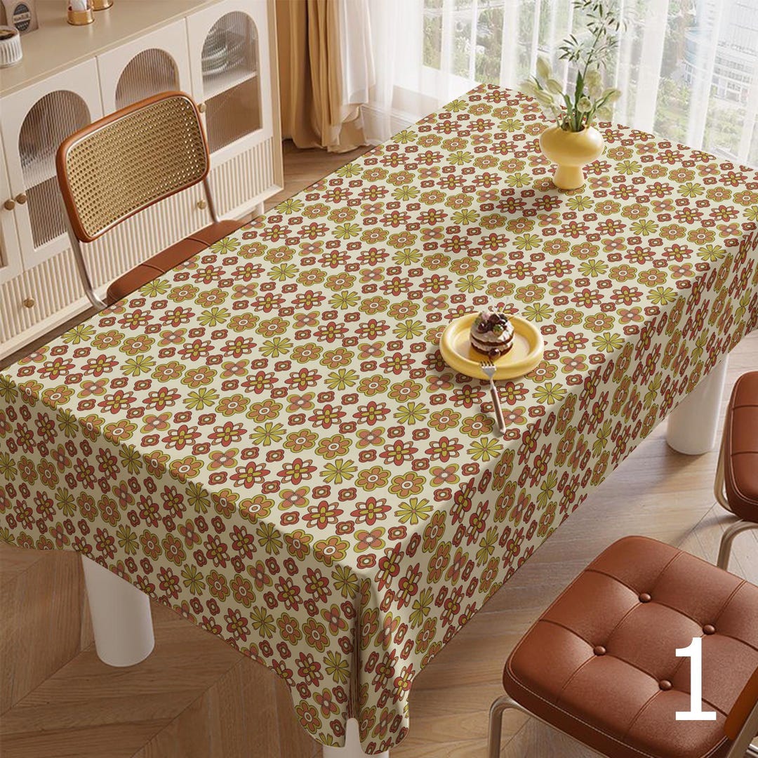 70s Retro Flowers Table Cloth, Retro Floral Tablecloth, Mid-century ...