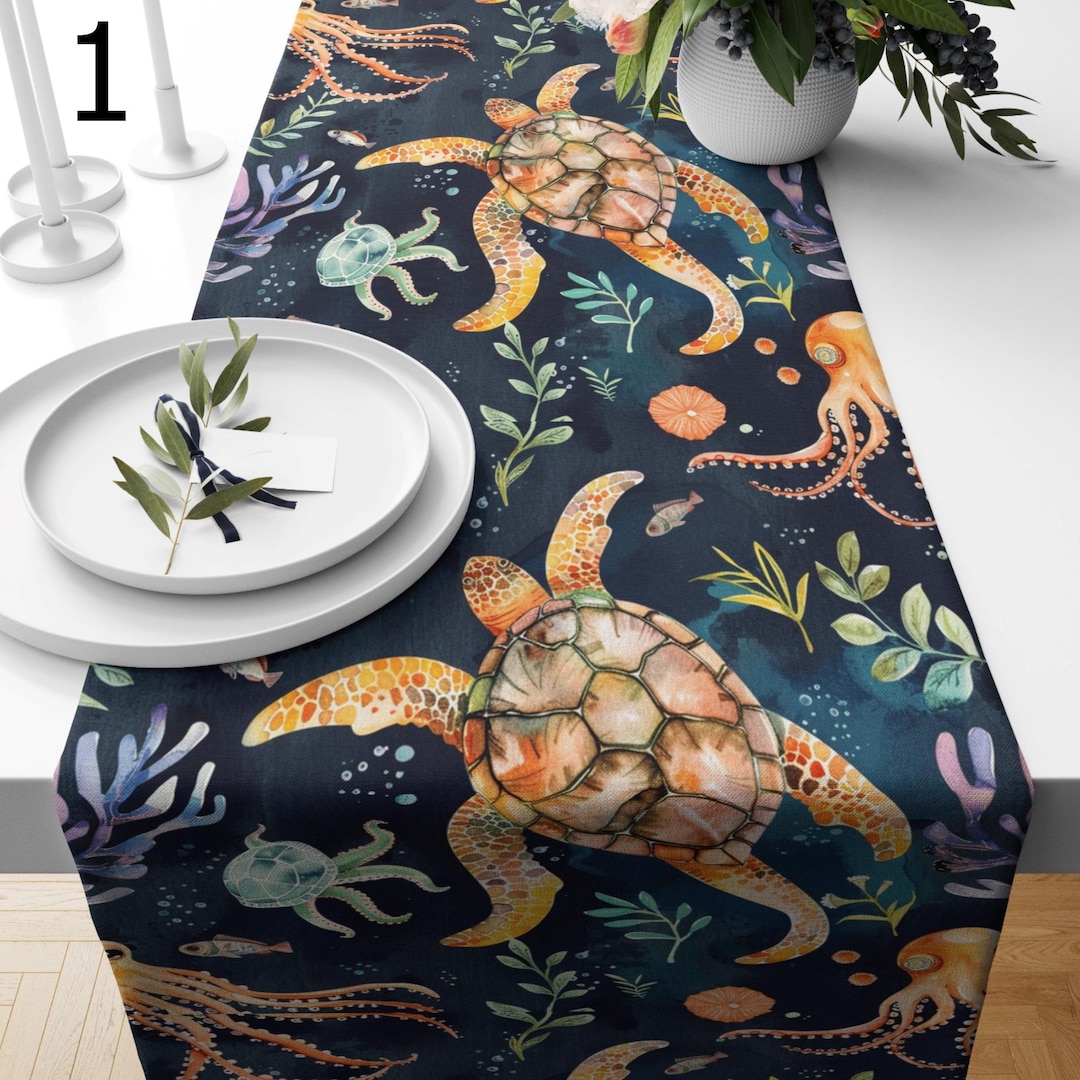 Nautical Animals Table Runner, Coastal Sea Turtle Table Runners ...