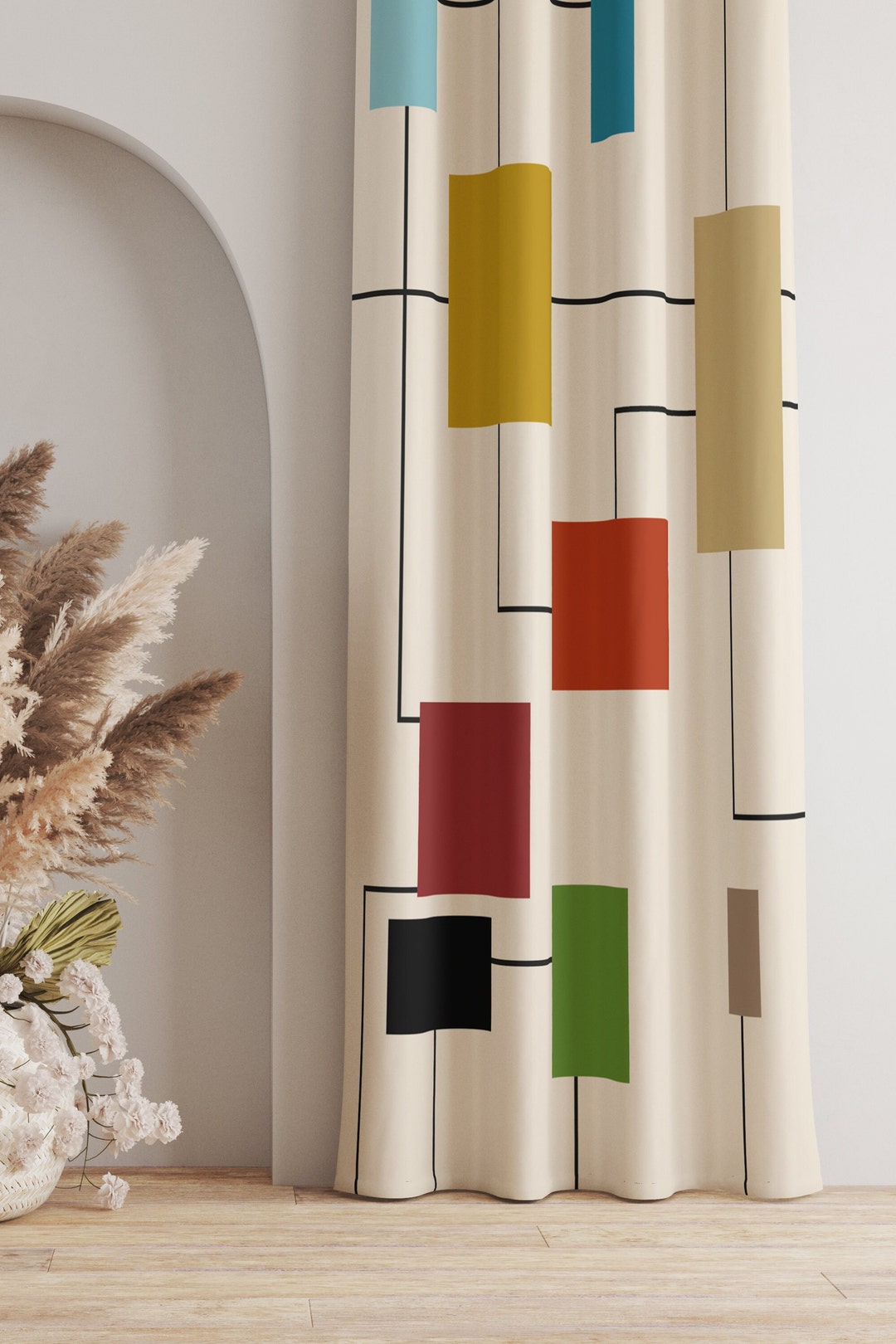 Retro Boho Curtains, Mid Century Modern Curtain Panels, Hippie Retro Window Curtain, Abstract ...