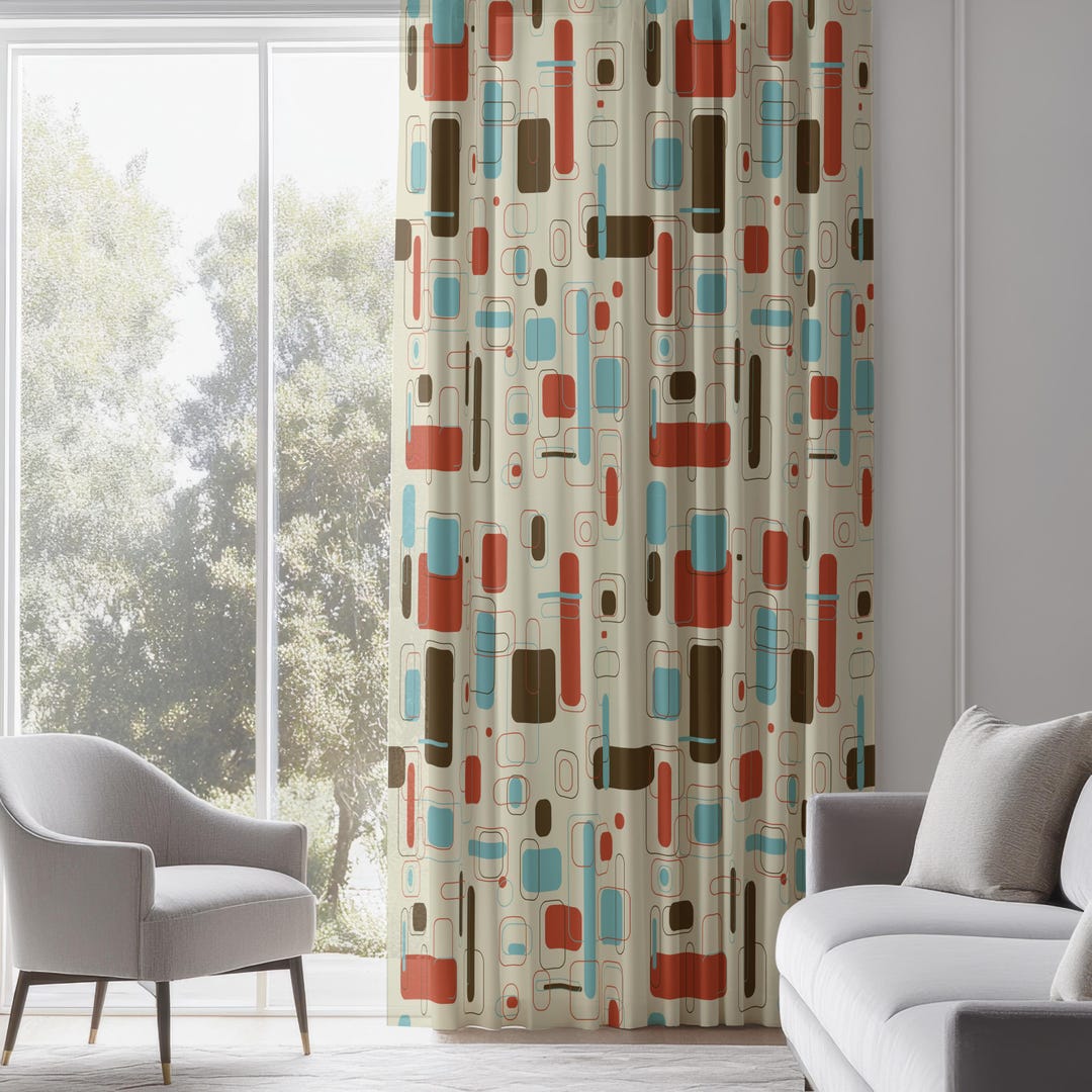 Retro Vintage Curtains, Mid Century Geometric Print Panel, 50s 60s 70s ...