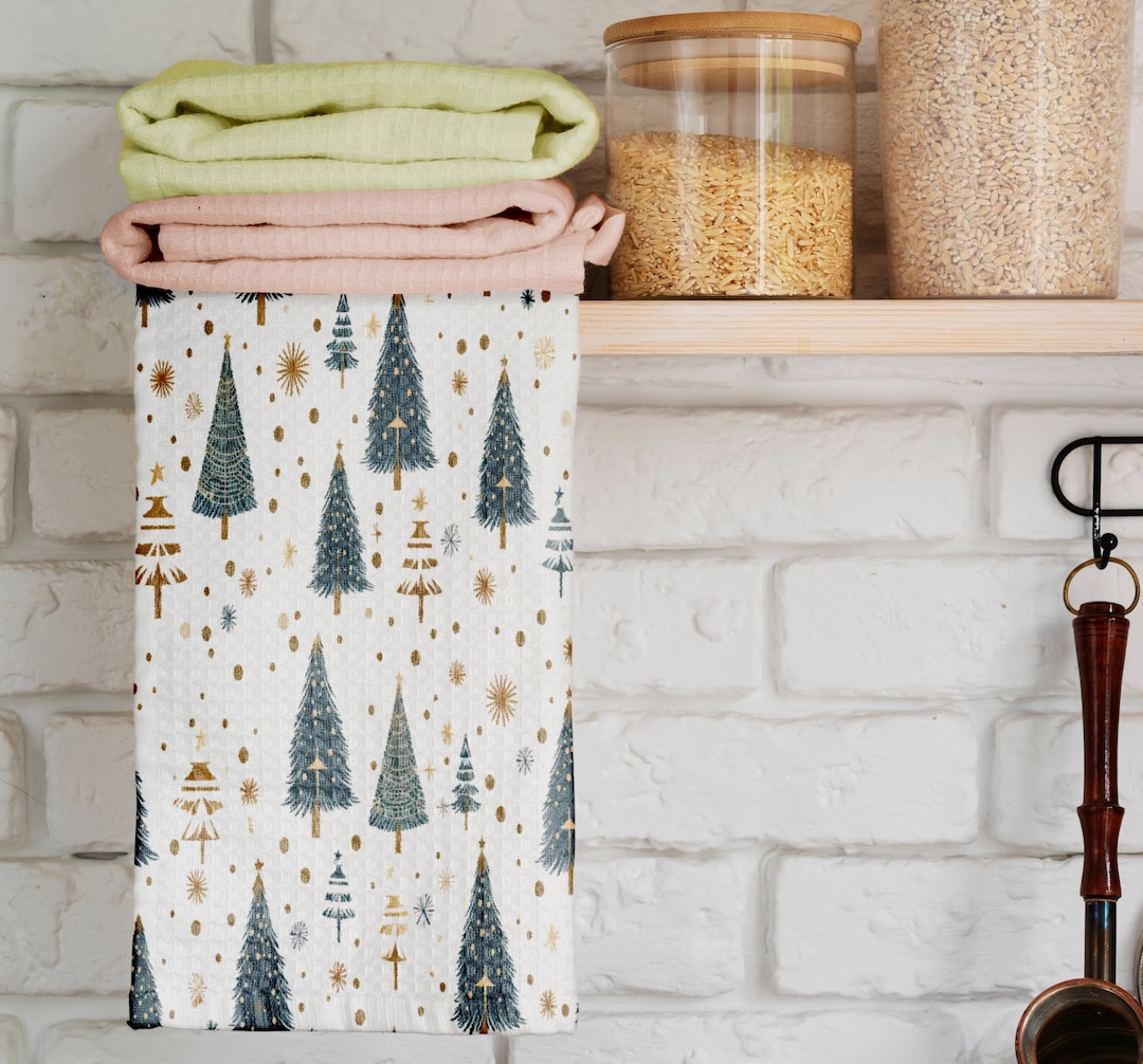 Christmas Tea Towels, Xmas Pine Trees Snowflakes Dish Towel, Christmas ...