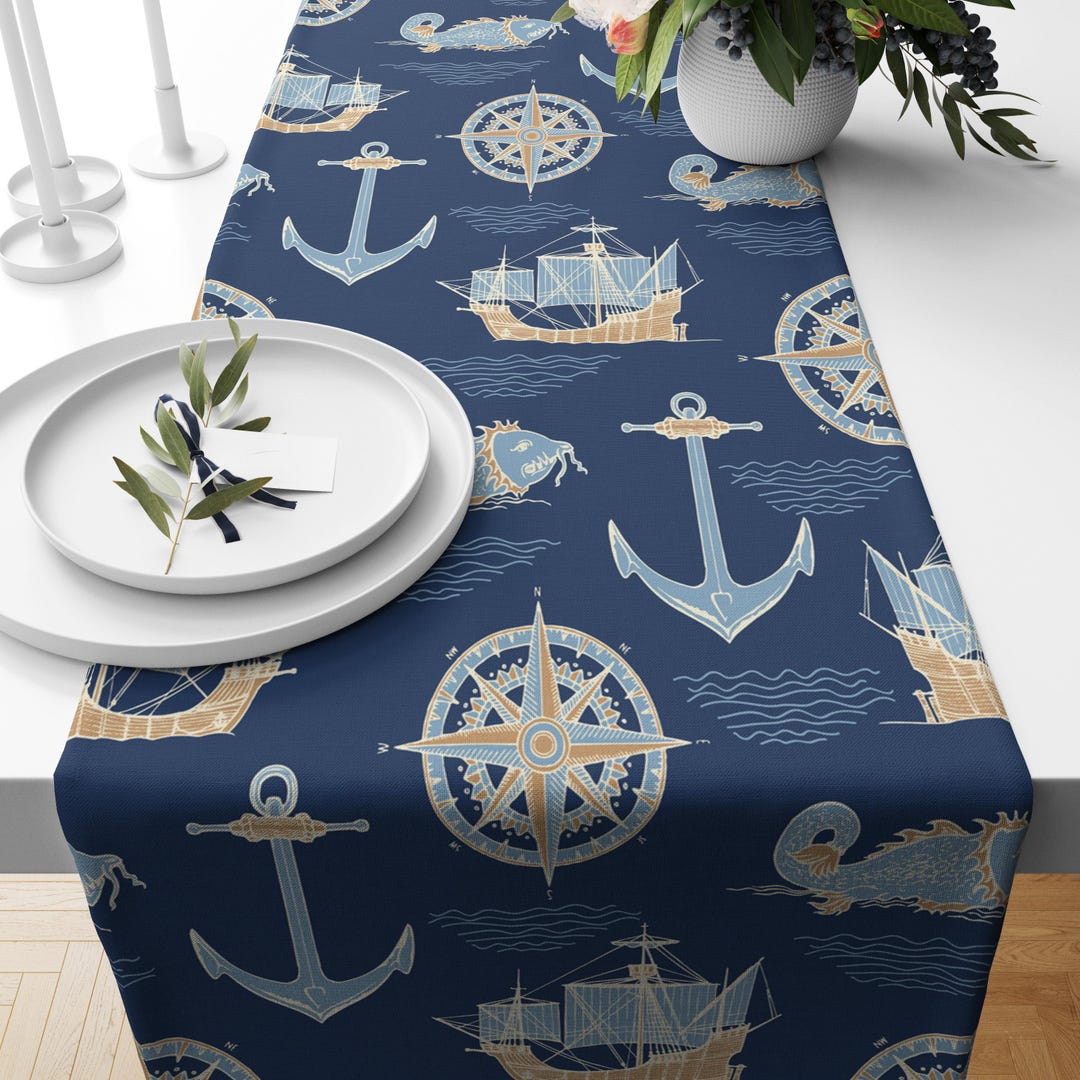 Marine Table Runner, Sailor Table Runner, Vintage Nautical Blue Ships ...