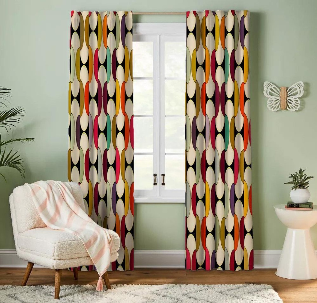 Mid Century Modern Curtain Panels, Colorful Print Curtains, 70s Retro ...