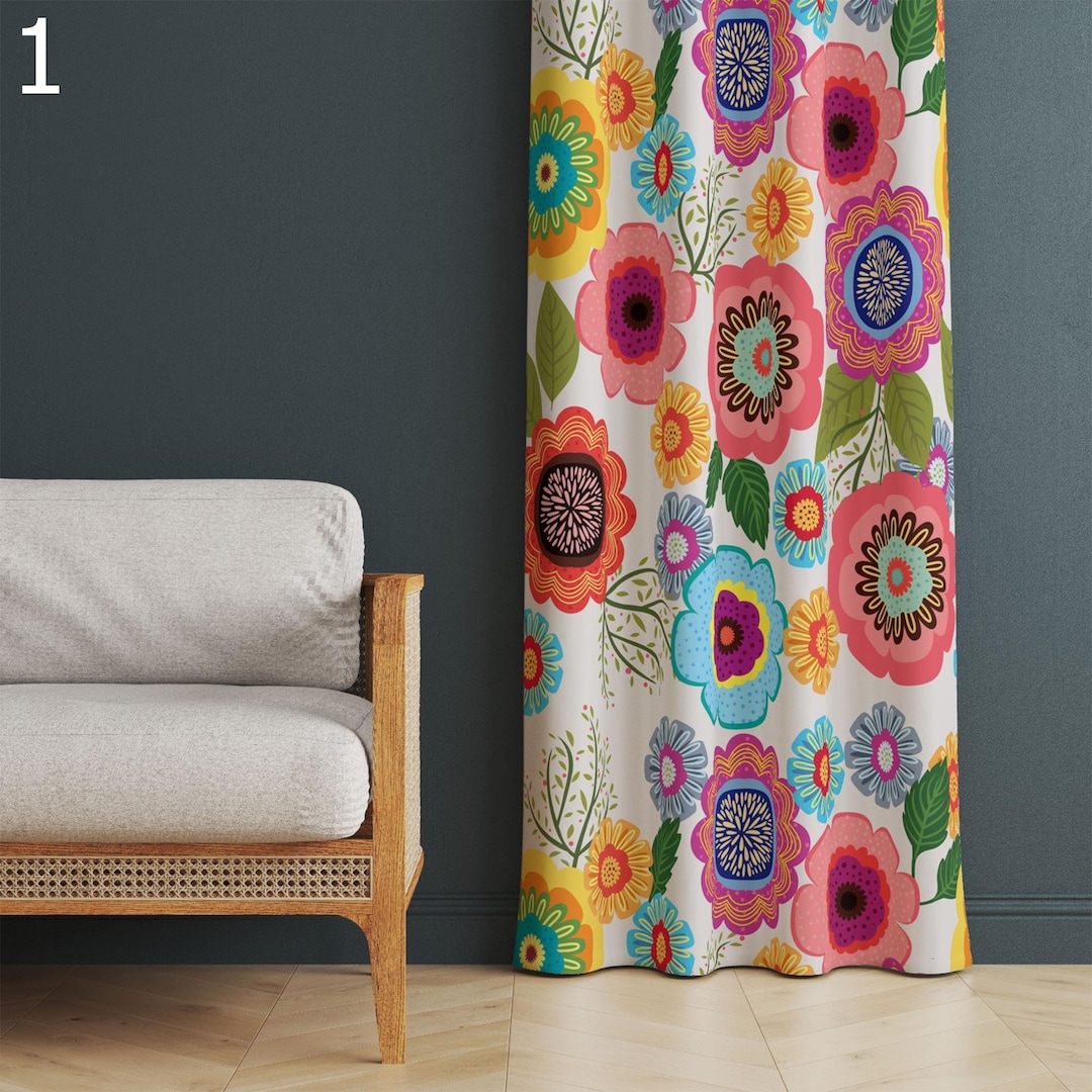 Mid Century Modern Floral Curtain Panels, 70s Hippie Boho Floral Retro ...