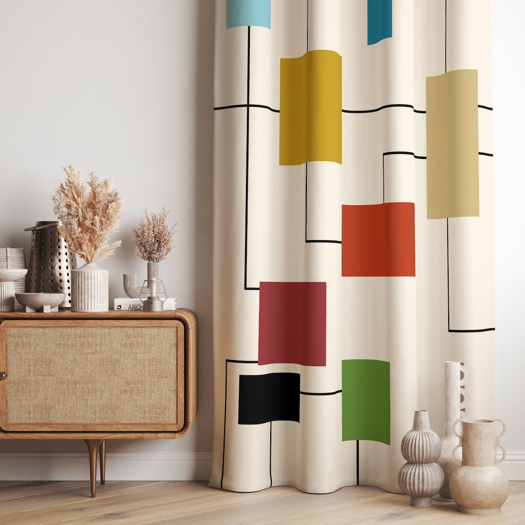 Retro Boho Curtains, Mid Century Modern Curtain Panels, Hippie Retro Window Curtain, Abstract ...