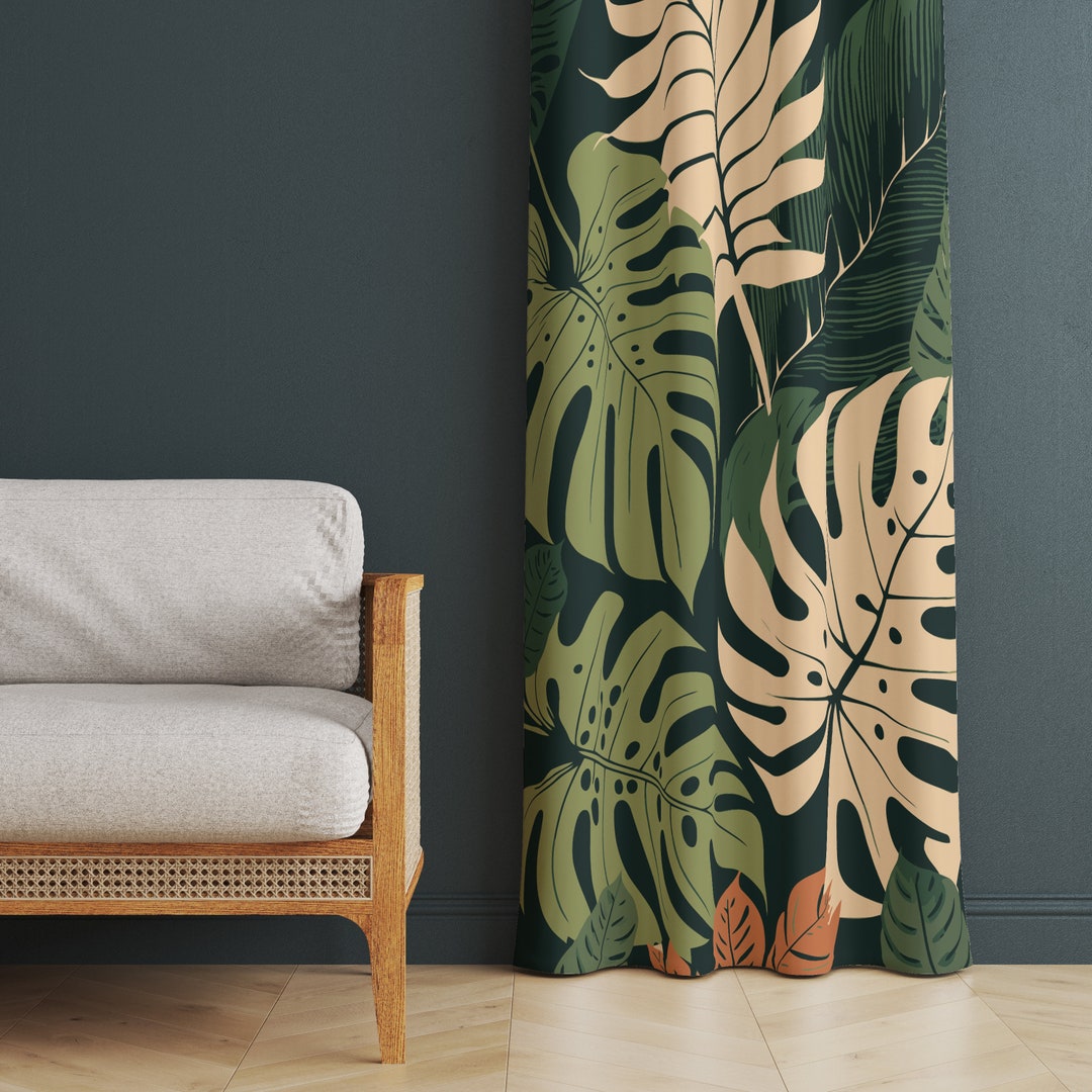 Tropical Leaves Printed Curtain Panels, Vintage Exotic Flowers Leaves ...