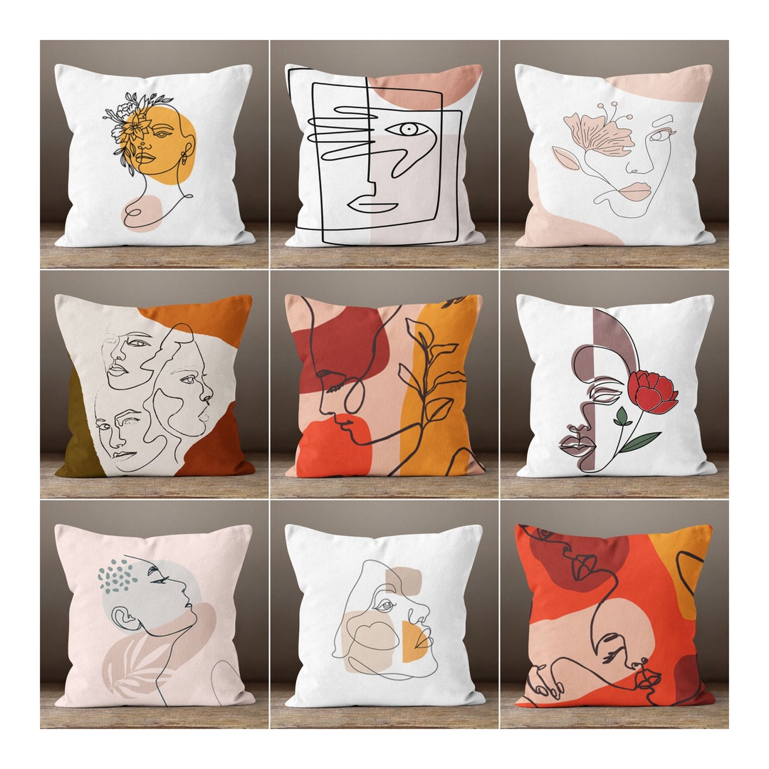 Line Art Face Themed Cushion, Minimal Home Decor, Abstract Face Line ...