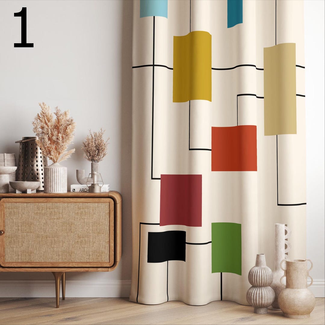 Retro Boho Curtains, Mid Century Modern Curtain Panels, Hippie Retro Window Curtain, Abstract ...