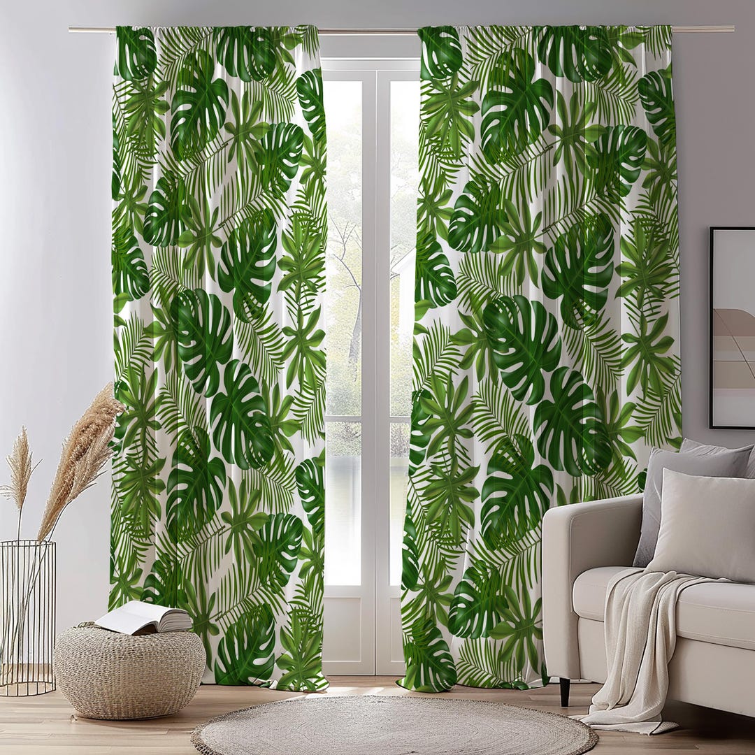Green Tropical Curtains, Botanical Style Print Curtain Panel, Palm Tree ...