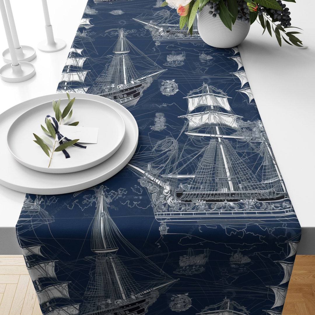 Sailing Boat Table Runner, Sailor Table Runner, Vintage Nautical Blue ...