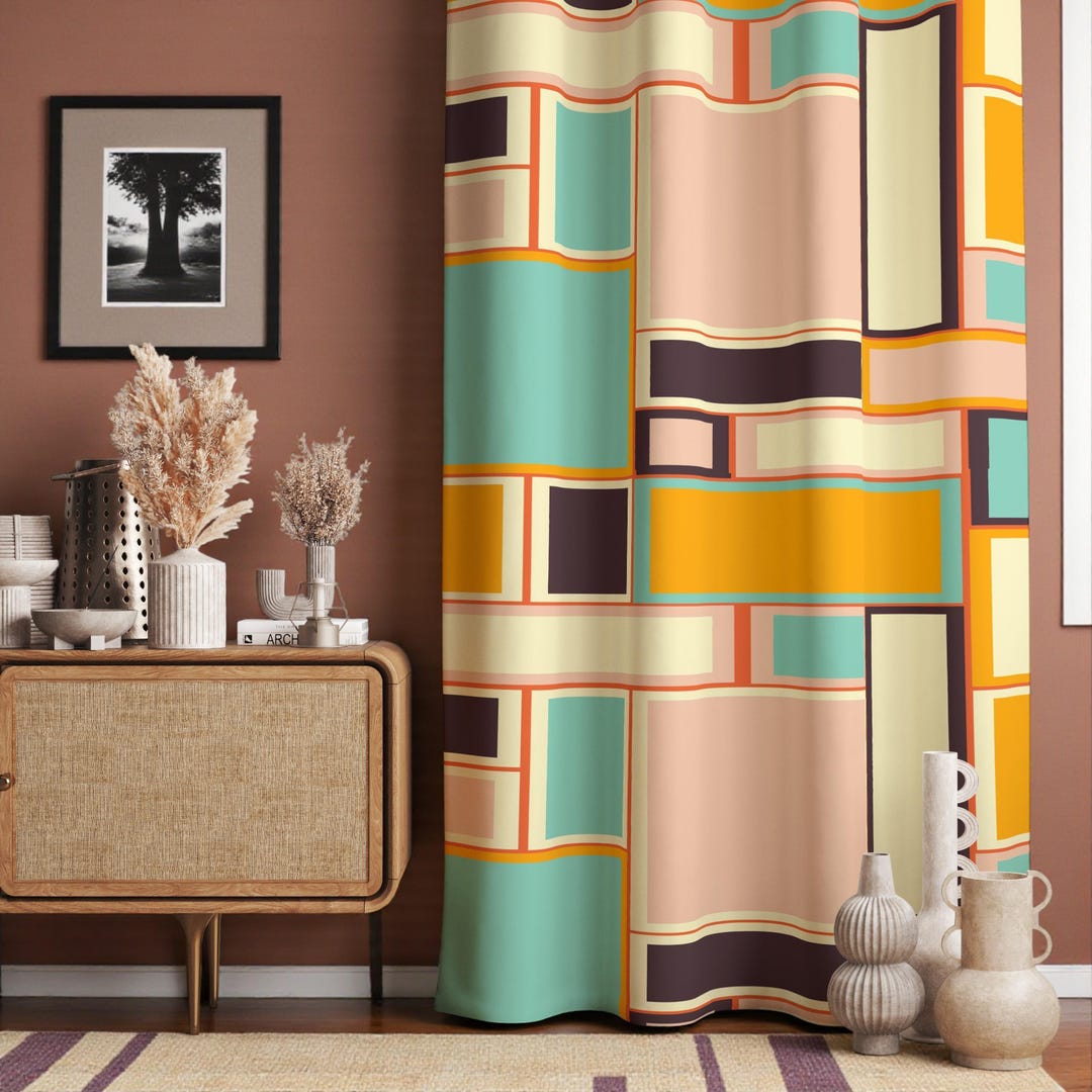 70s Retro Geometric Abstract Curtains, Mid Century Bauhaus Style ...