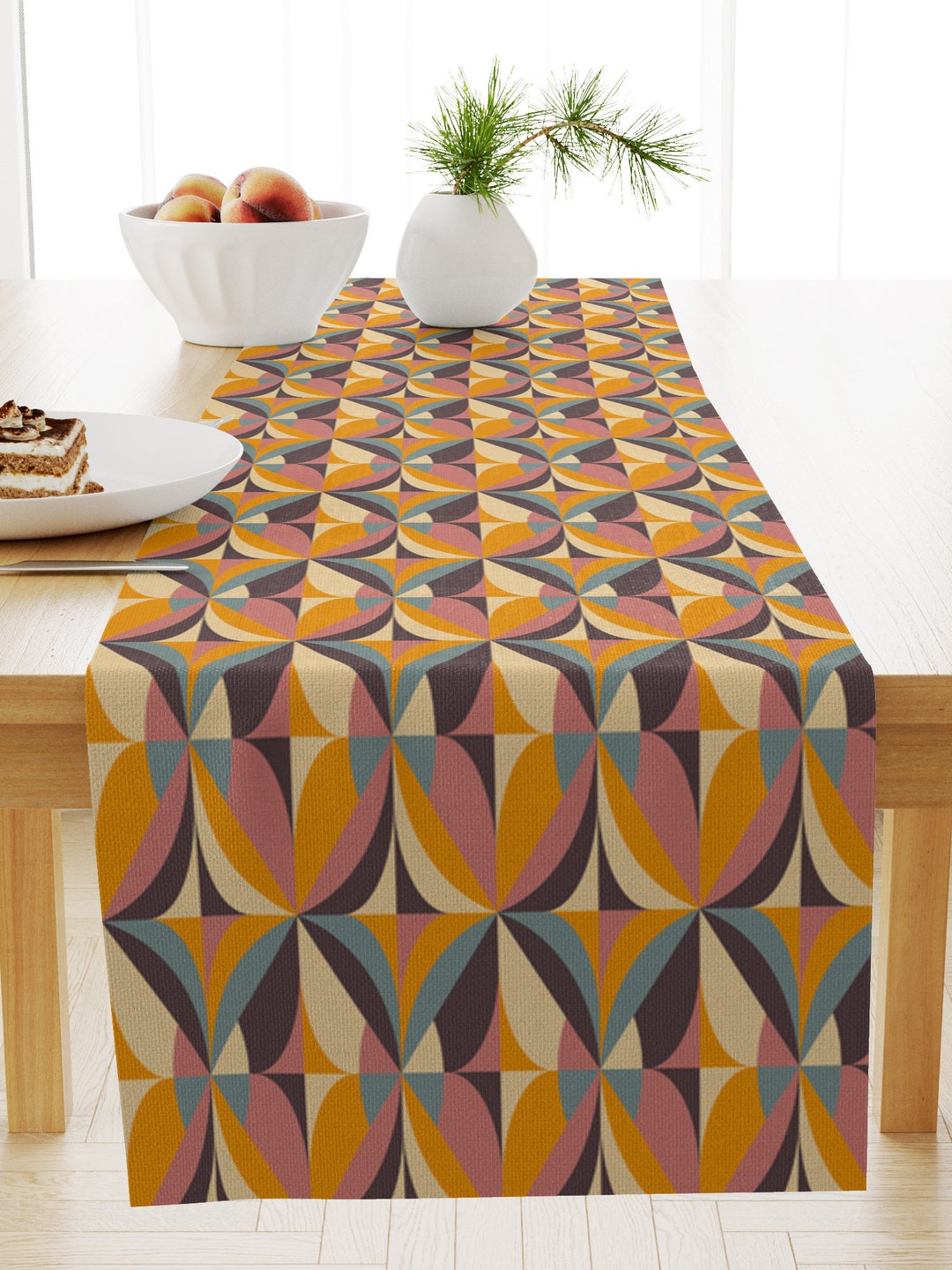 Retro Mid Century Modern Geometric Table Runner, Retro Party Table ...