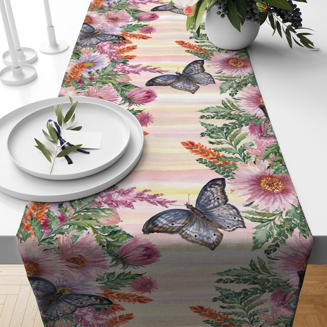 Butterfly Table Runner, Pink Floral Table Runner, Flowers Print Table ...