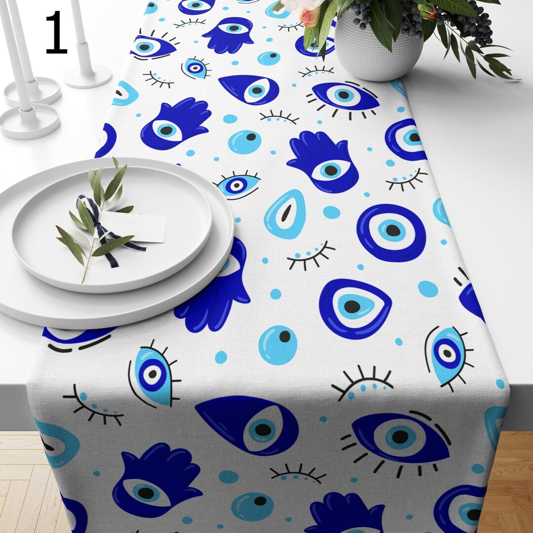 Blue Evil Eye Style Table Runner, Eye Bead Table Runner, Blue Good Luck ...